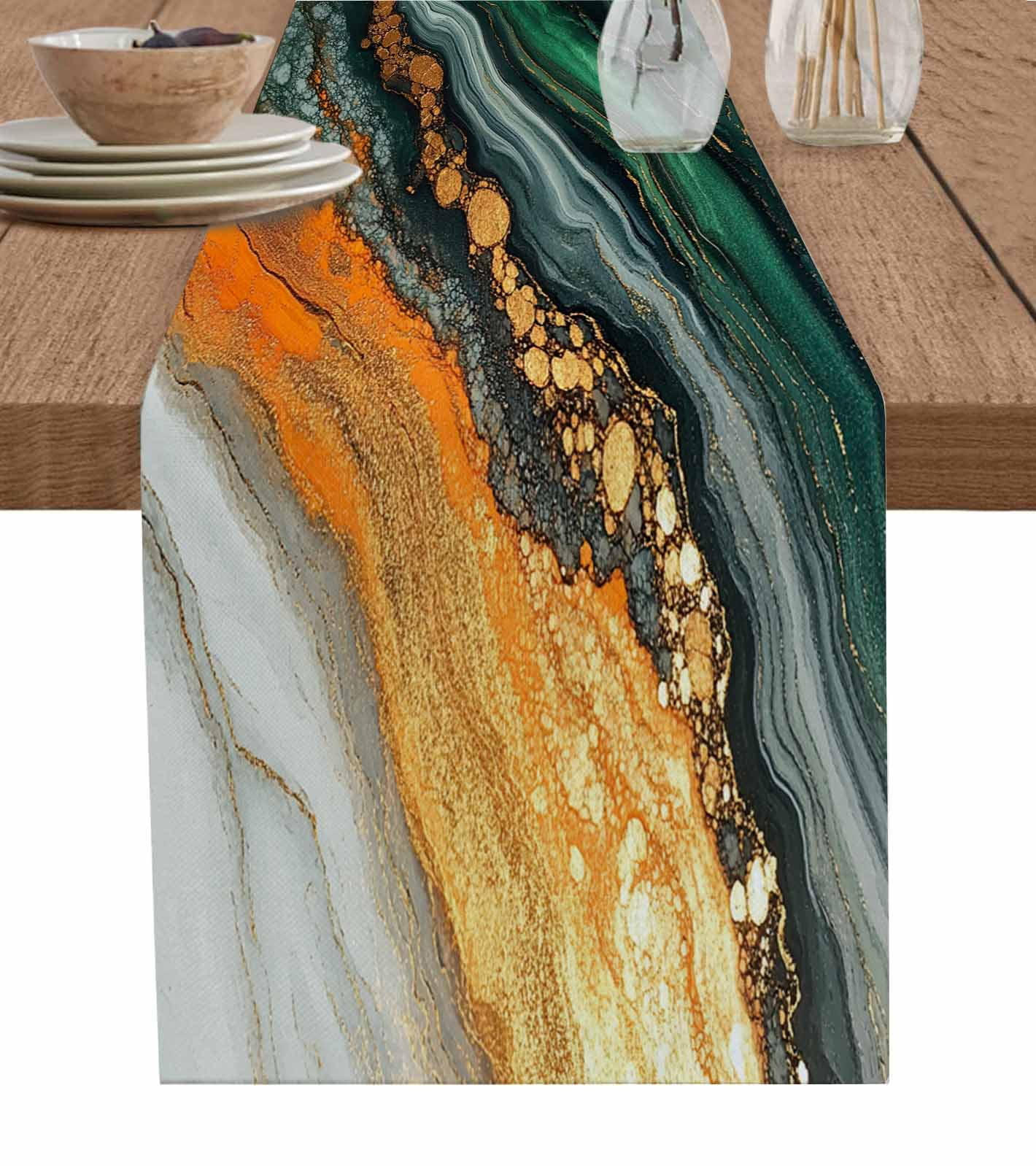 Ldtrchee Green Marble Table Runner 120 Inches, Black Orange White Ombre ...