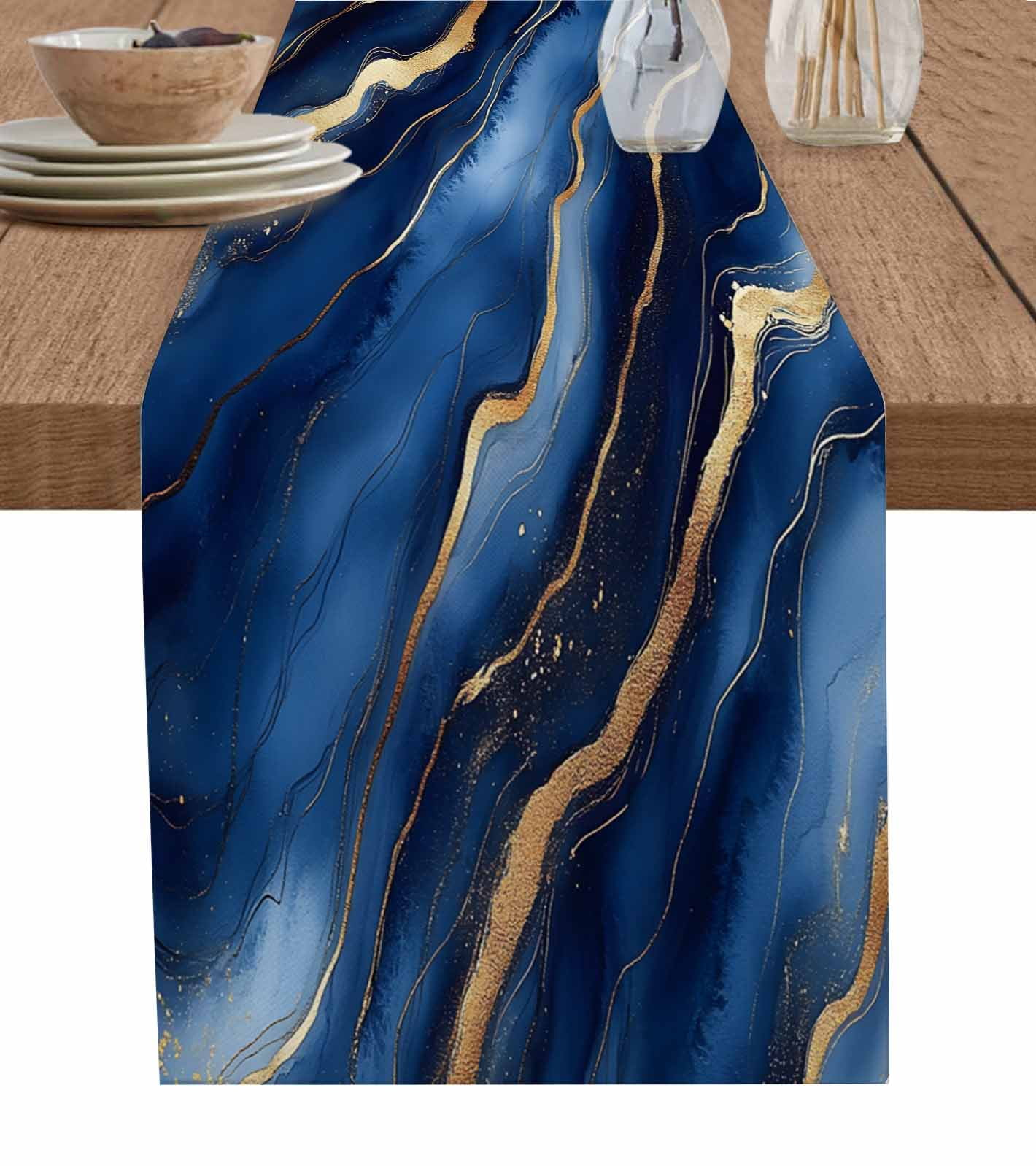 Ldtrchee Marble Navy Blue Table Runner 72 Inches, Abstract Gold Nature ...