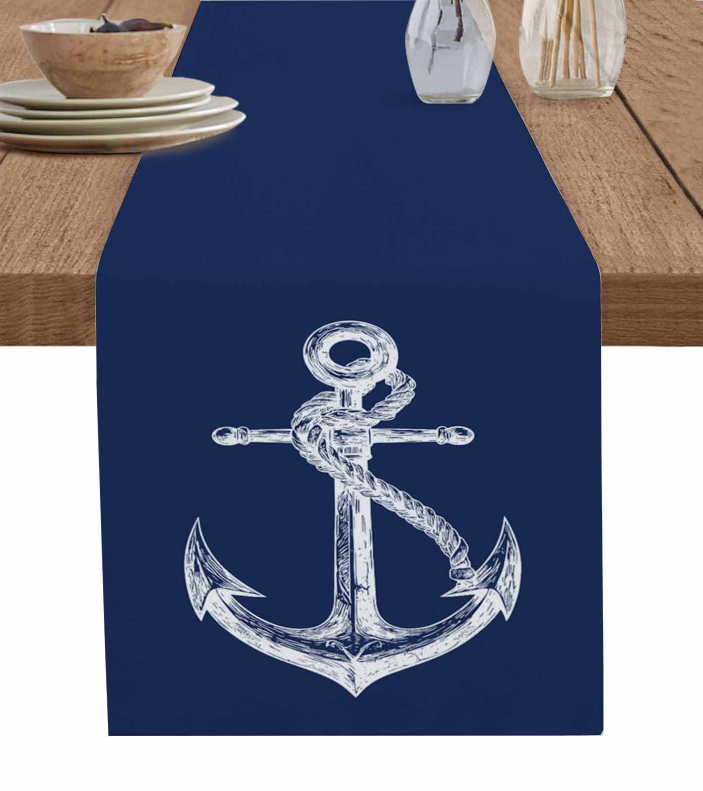 Ldtrchee Nautical Anchor Table Runner 72 Inches, Navy Blue Coastal ...