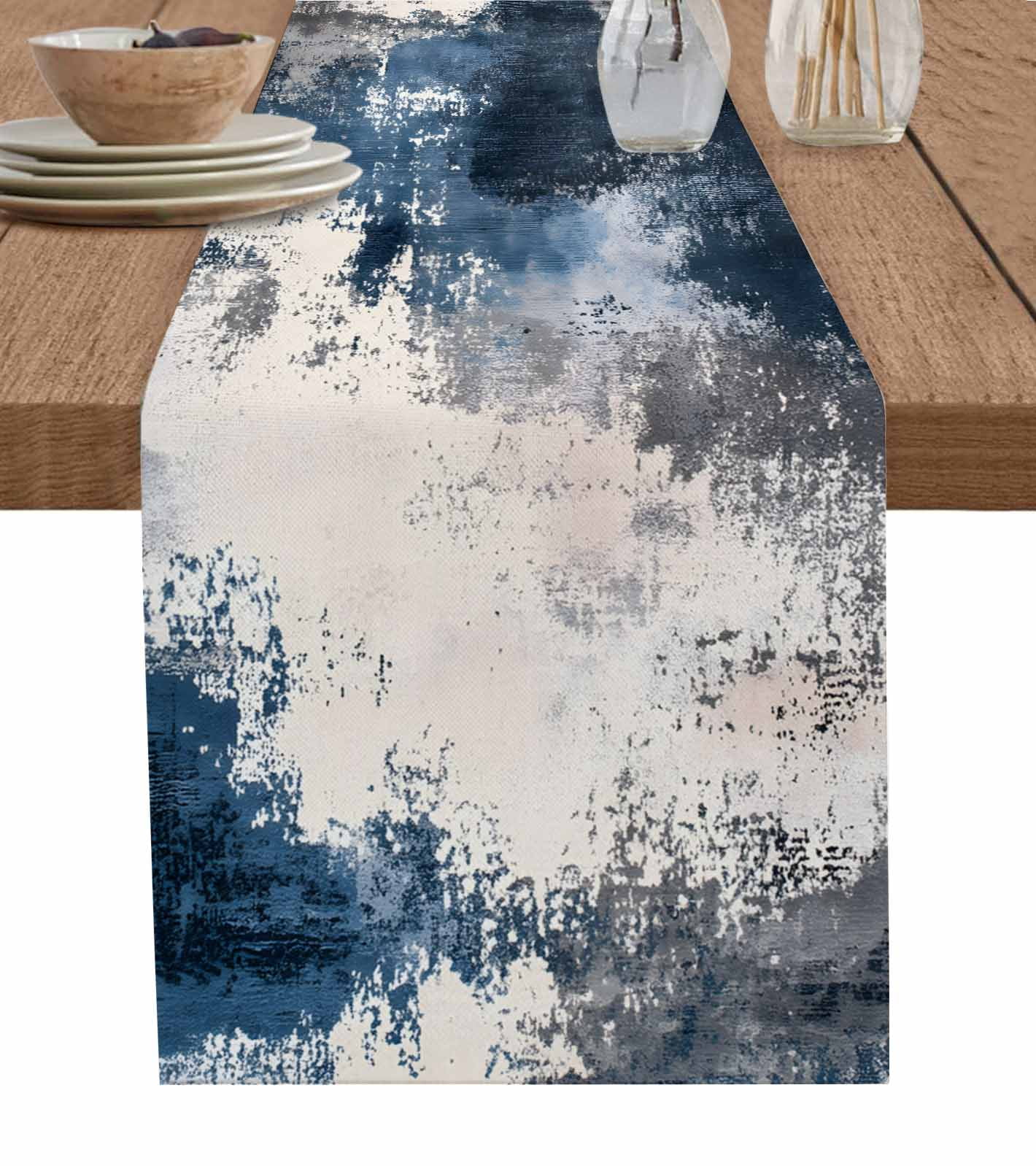 Ldtrchee Navy Blue Grey Table Runner 90 Inches, Modern Abstract Art ...