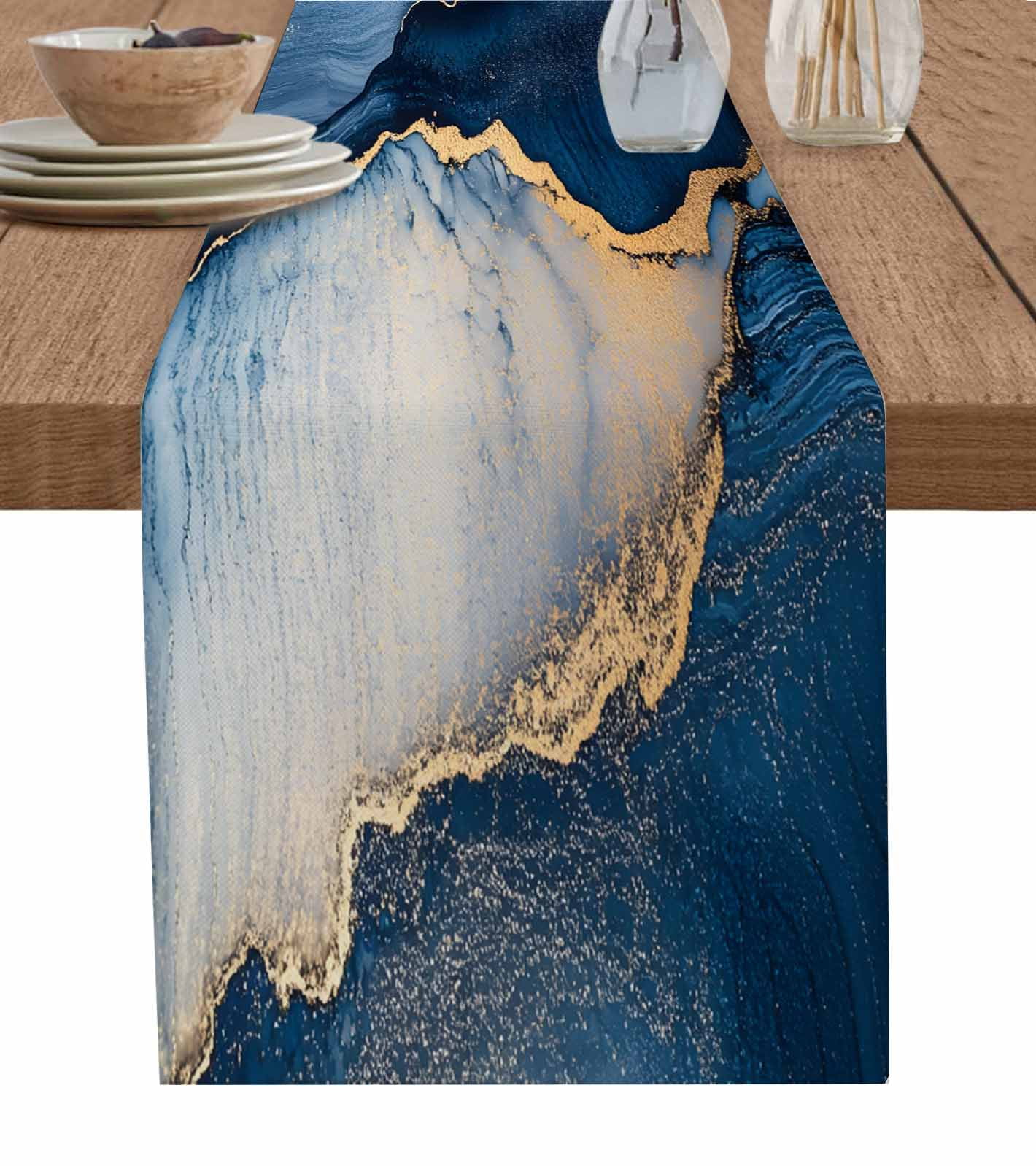 Ldtrchee Navy Blue Table Runner 72 Inches, Ink Painted Marble Artwork ...