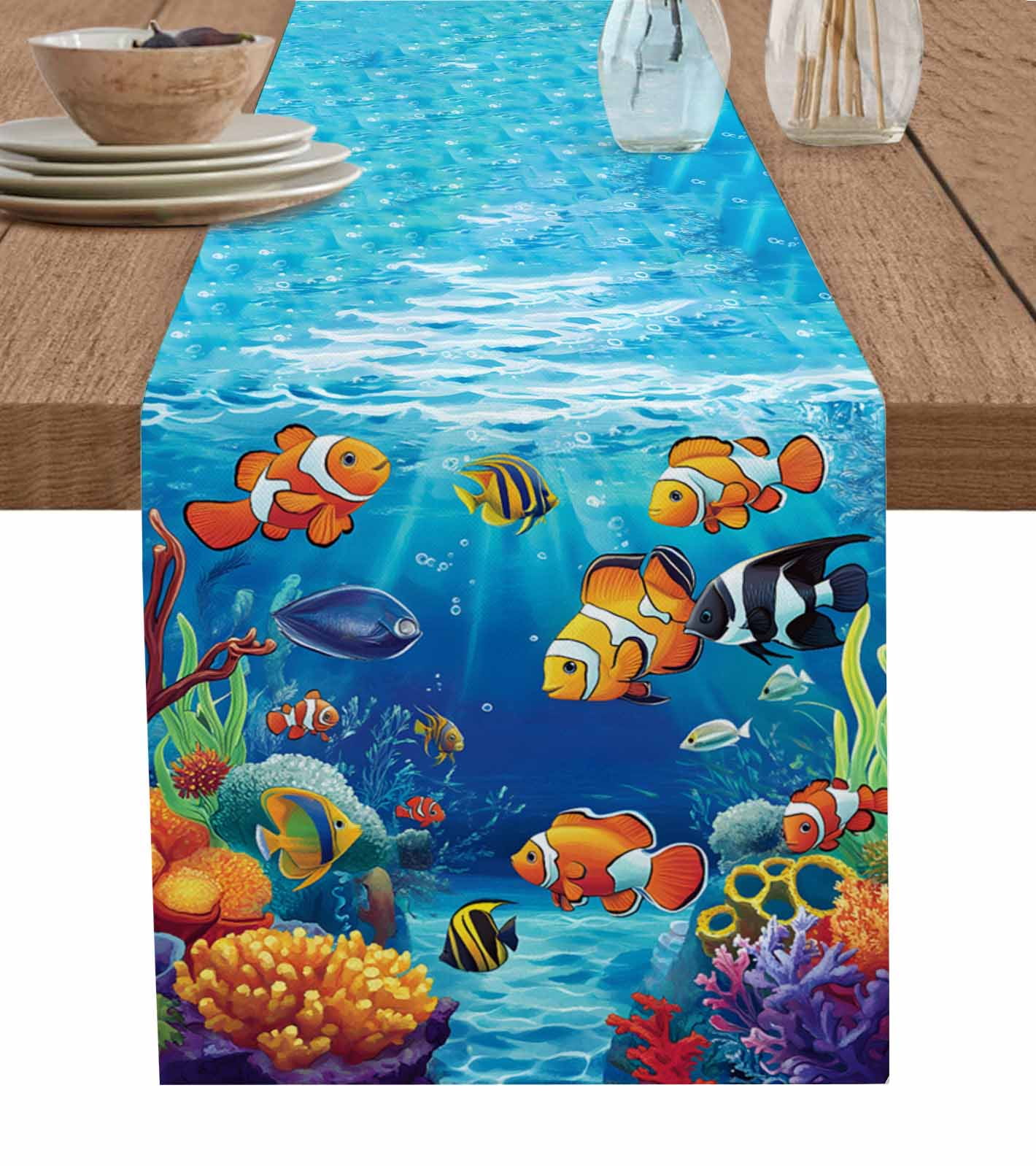 Ldtrchee Ocean Coral Fish Table Runner 72 Inches, Colorful Underwater ...