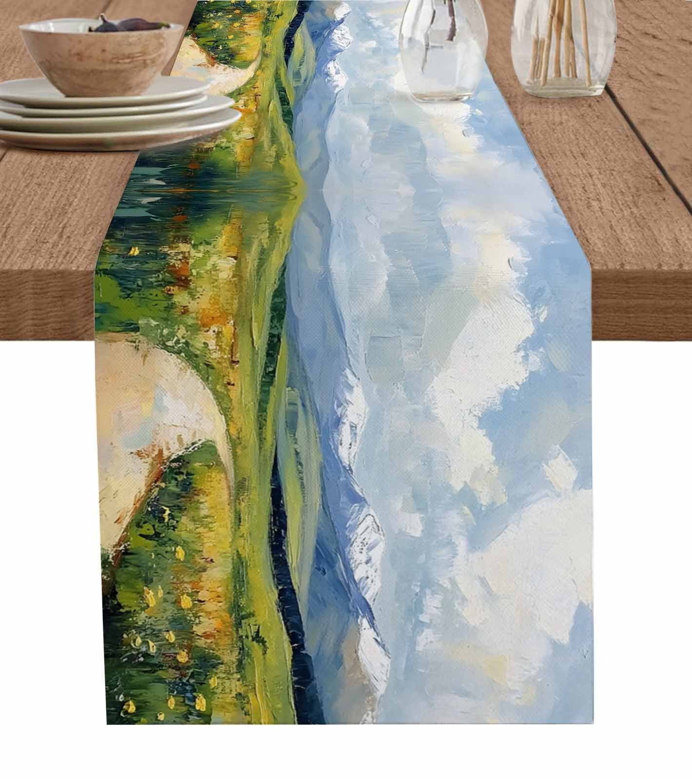 Ldtrchee Oil Painting Table Runner 72 Inches, Modern Mountain Grassland ...
