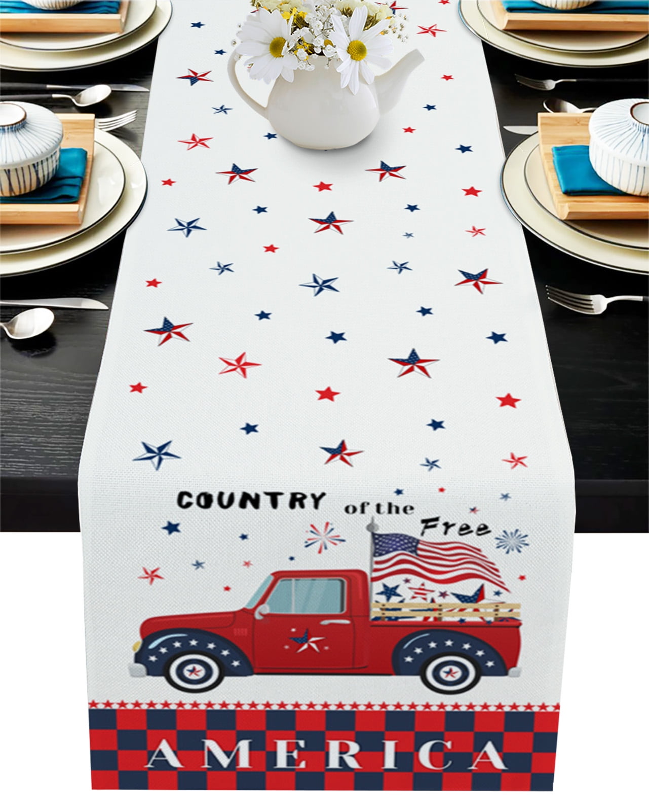 Ldtrchee Red Truck with American Star Flag Independence Table Runner 72 ...