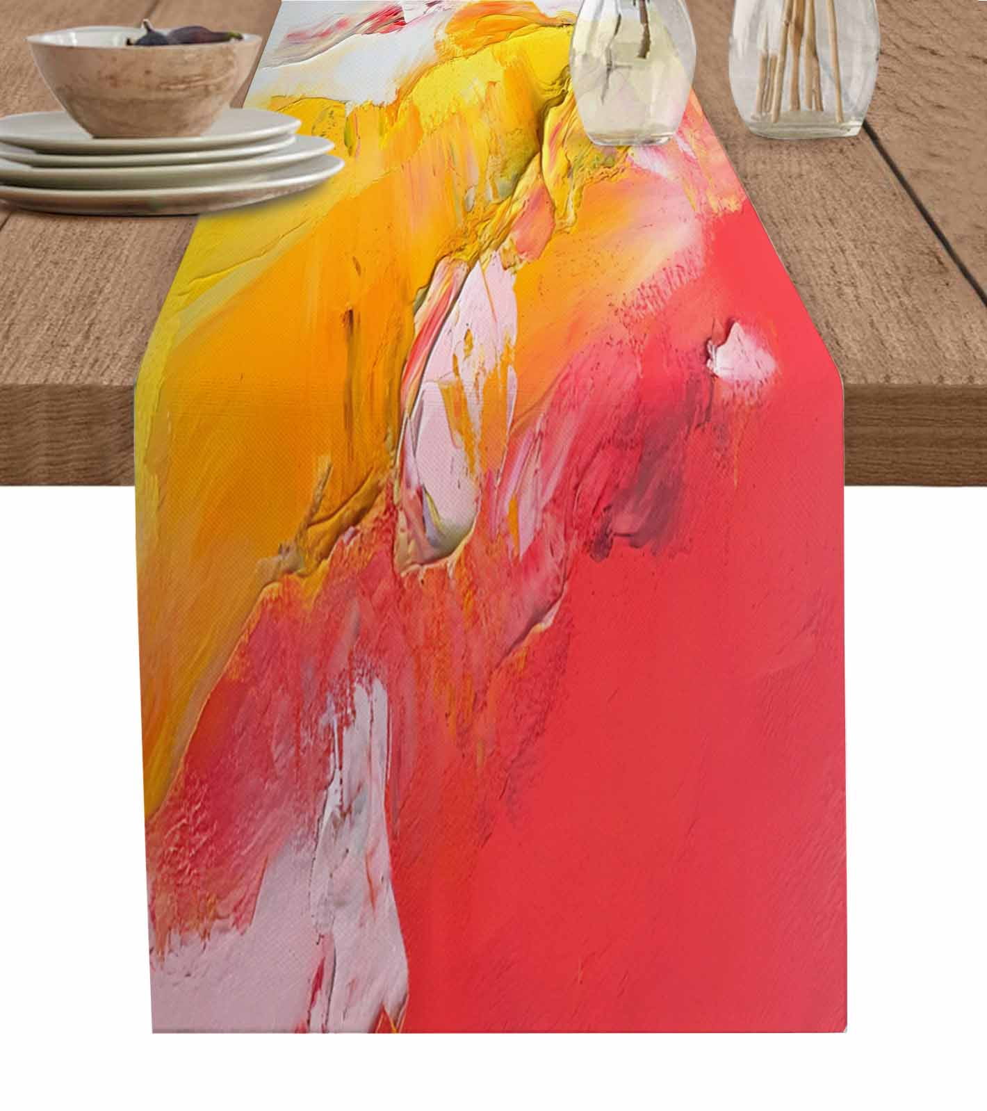 Ldtrchee Red Yellow Table Runner 72 Inches, Modern Oil Painted Abstract ...
