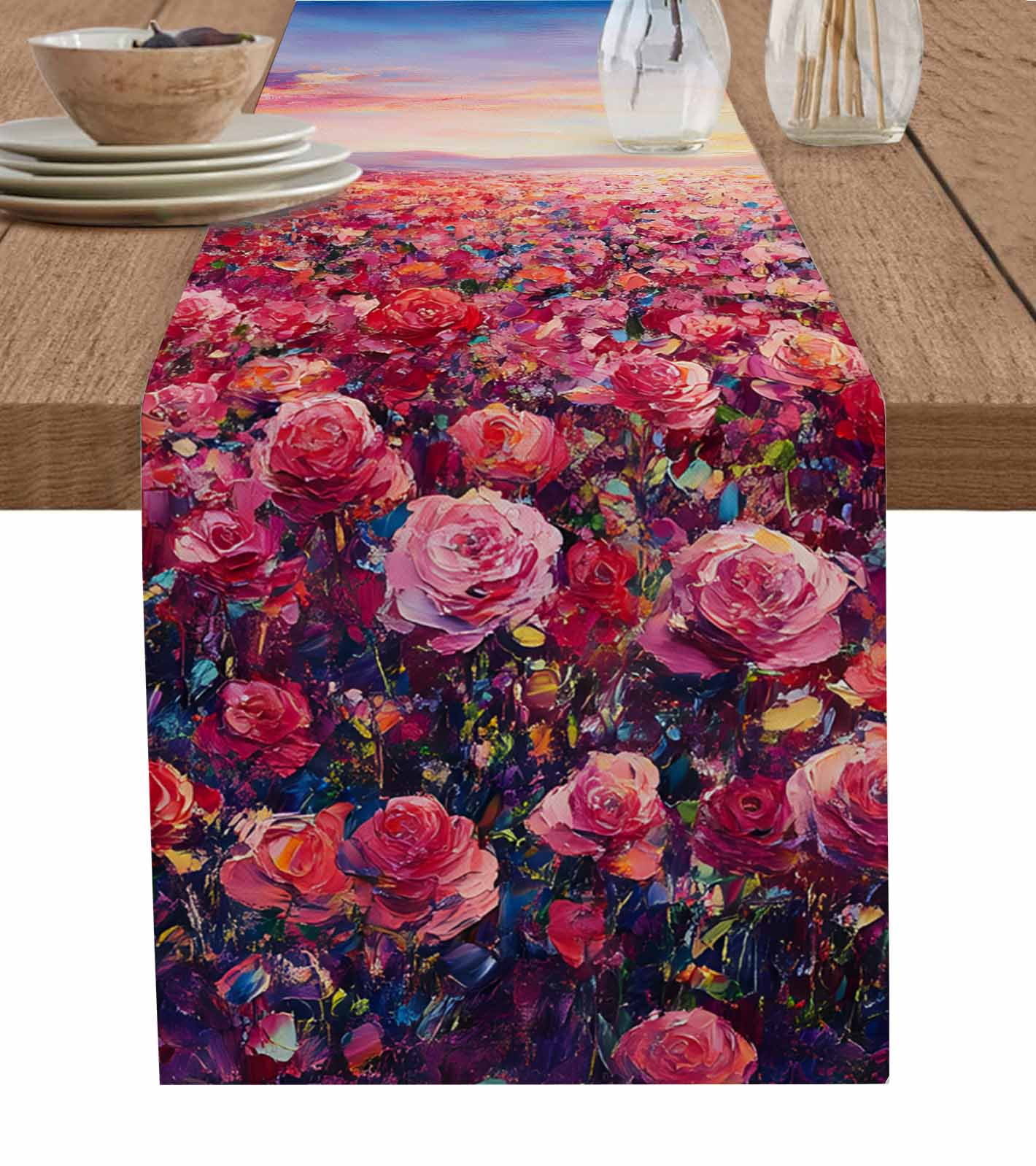 Ldtrchee Roses Field Table Runner 70 Inches, Spring Summer Flowers Blue ...