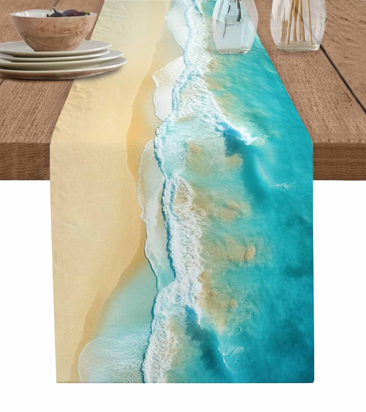 Ldtrchee Teal Beach Table Runner 70 Inches, Summer Ocean Coastal Nautical Seaside Bed Runner ...