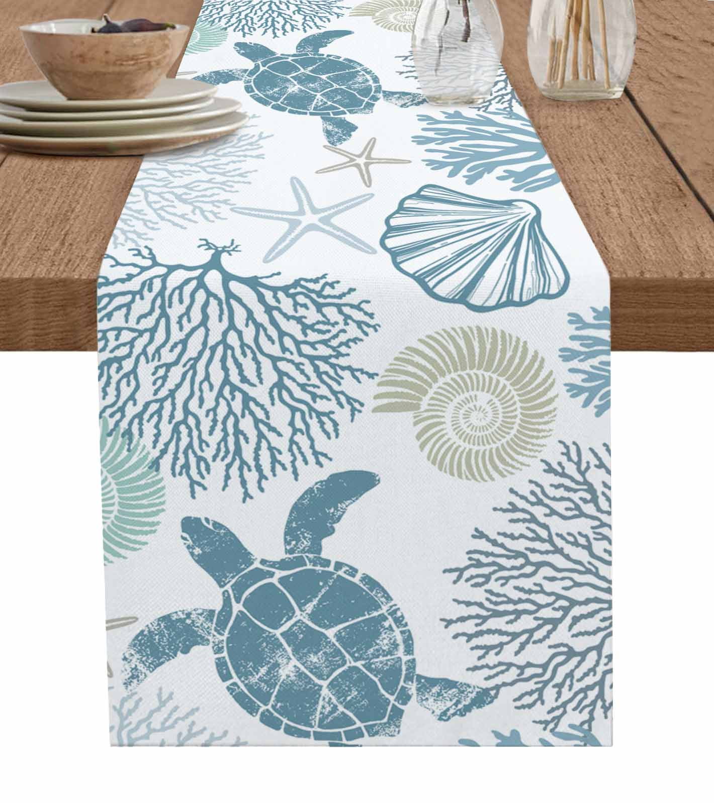Ldtrchee Teal Blue Coastal Turtle Table Runner 72 Inches, Ocean Coral ...