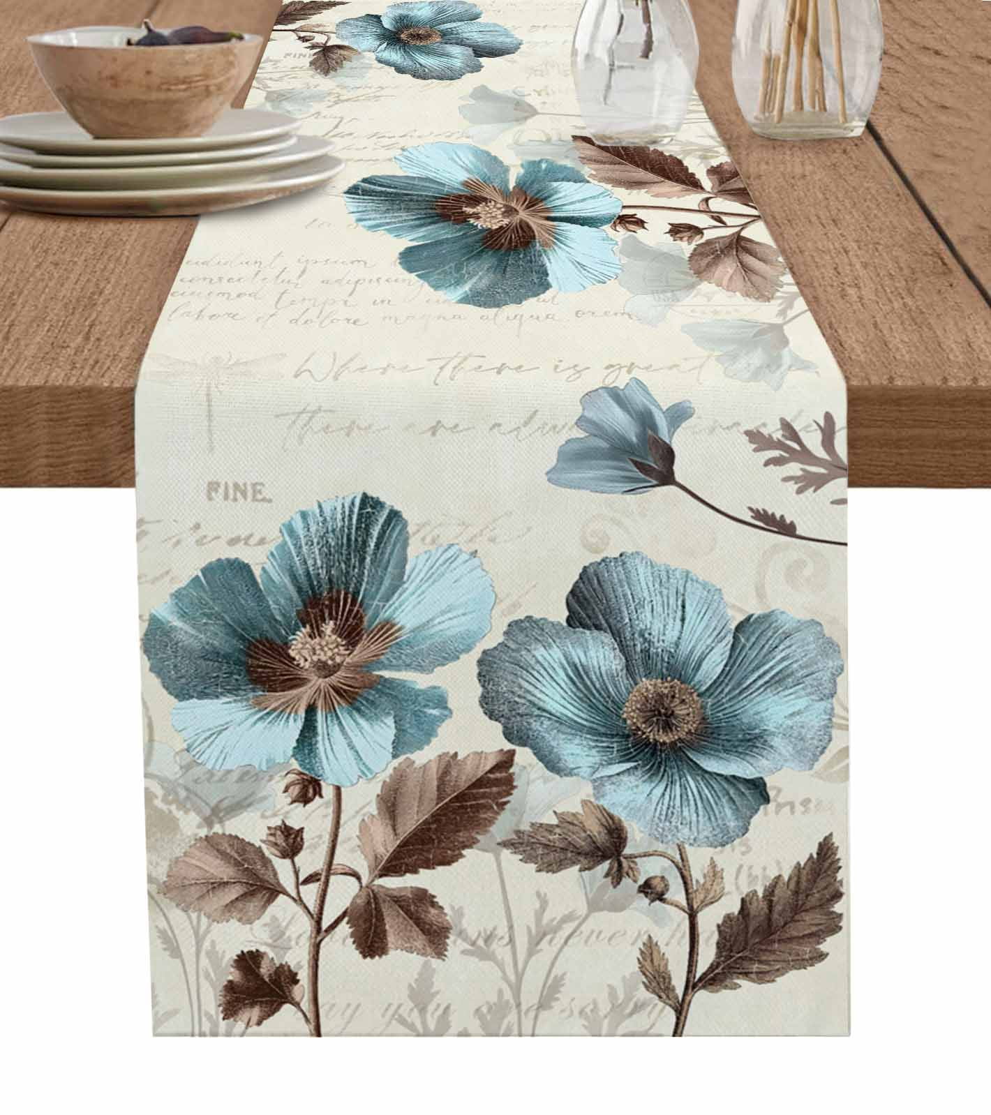 Ldtrchee Teal Blue Tulip Table Runner 60 Inches, Vintage Brown Flowers ...