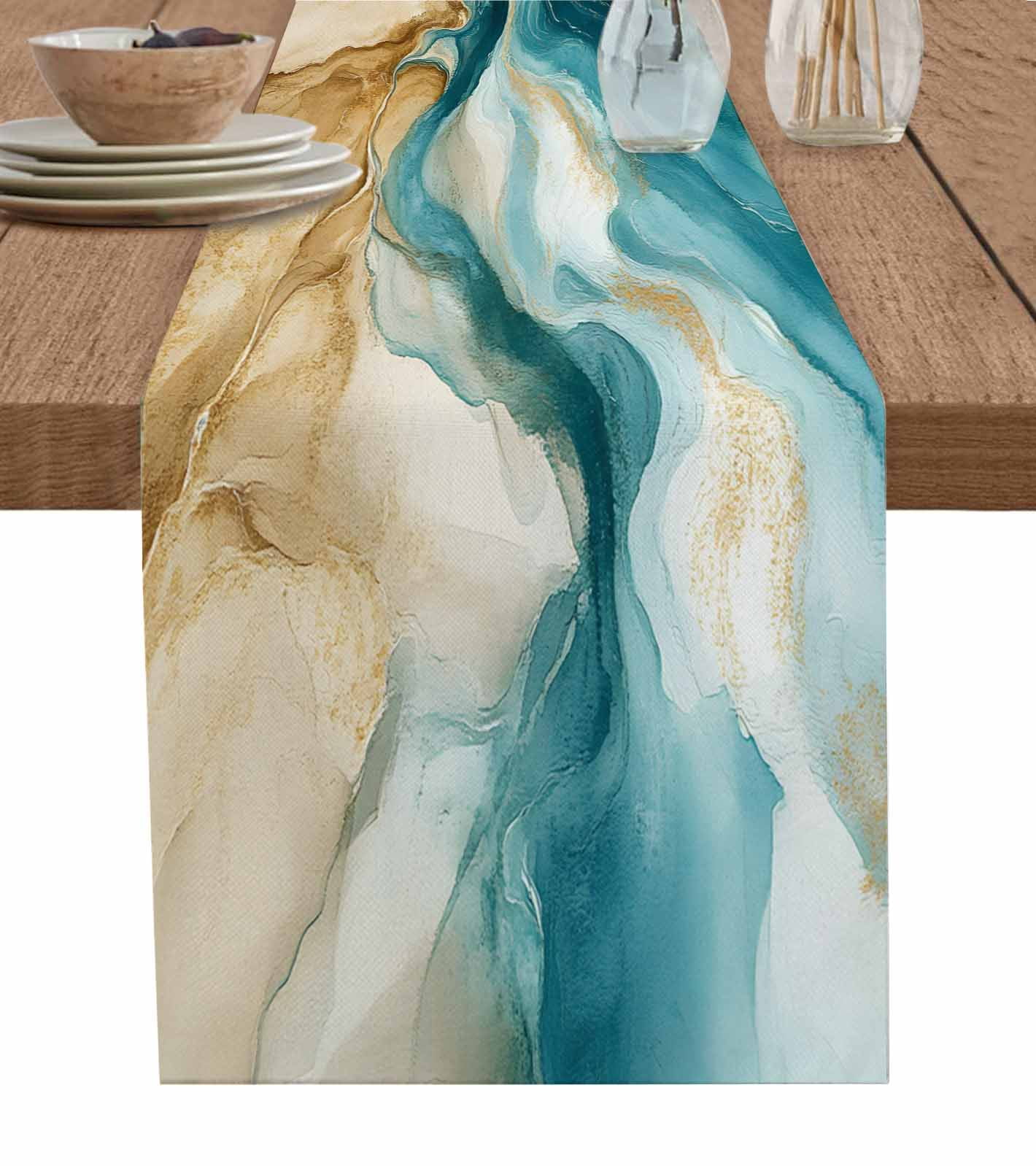 Ldtrchee Teal Brown Table Runner 72 Inches, Modern Abstract Art Water ...