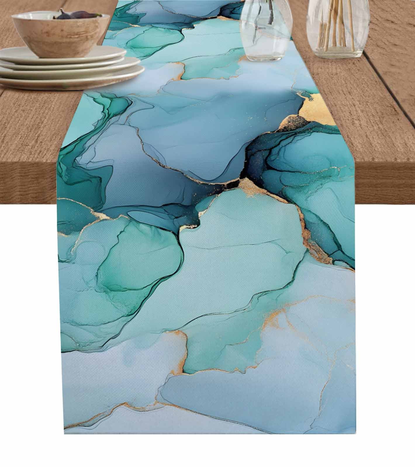 Ldtrchee Teal Marble Table Runner 72 Inches, Modern Abstract Ink ...