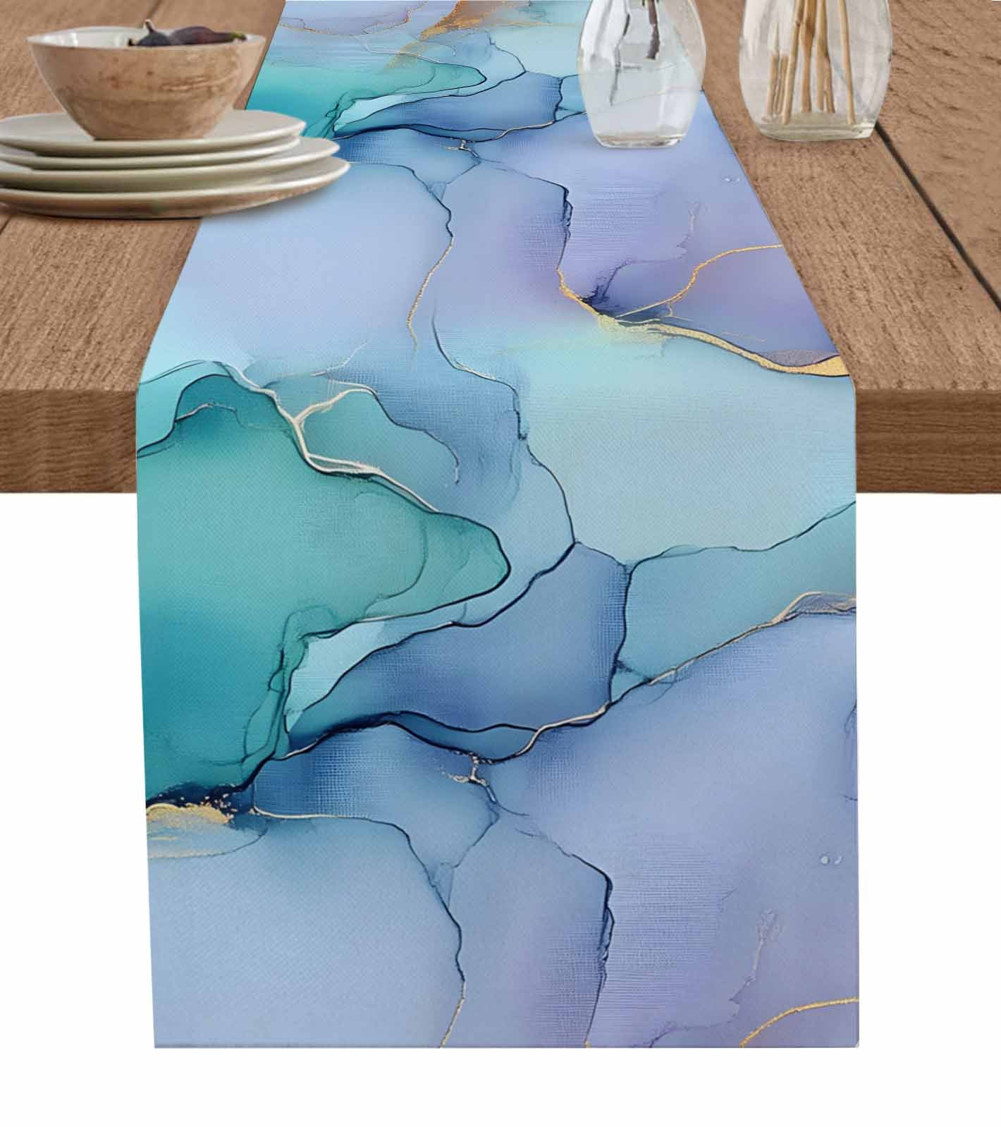 Ldtrchee Teal Table Runner 108 Inches, Abstract Modern Marble Ink ...