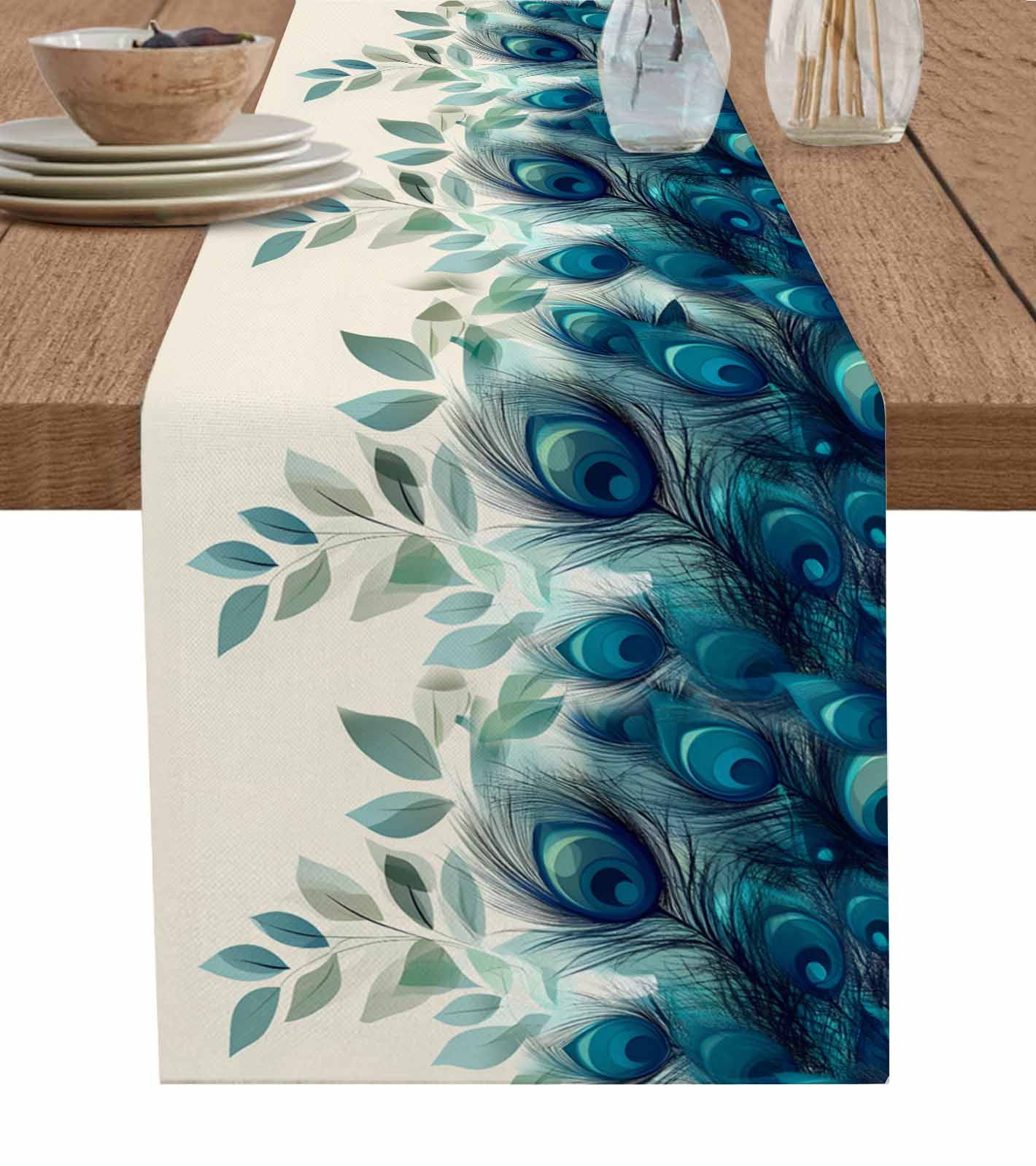 Ldtrchee Teal Turquoise Table Runner 90 Inches, Peacock Feathers ...