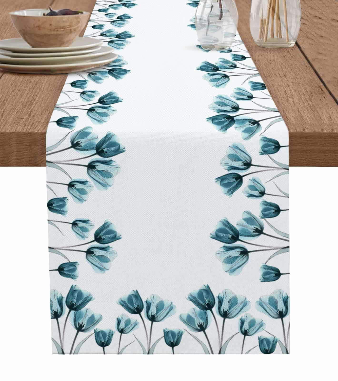 Ldtrchee Tulip Flower Table Runner 90 Inches, Turquoise Boho Floral ...