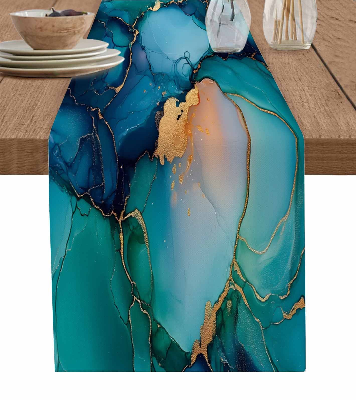 Ldtrchee Turquoise Blue Ombre Marble Table Runner 72 Inches, Modern ...