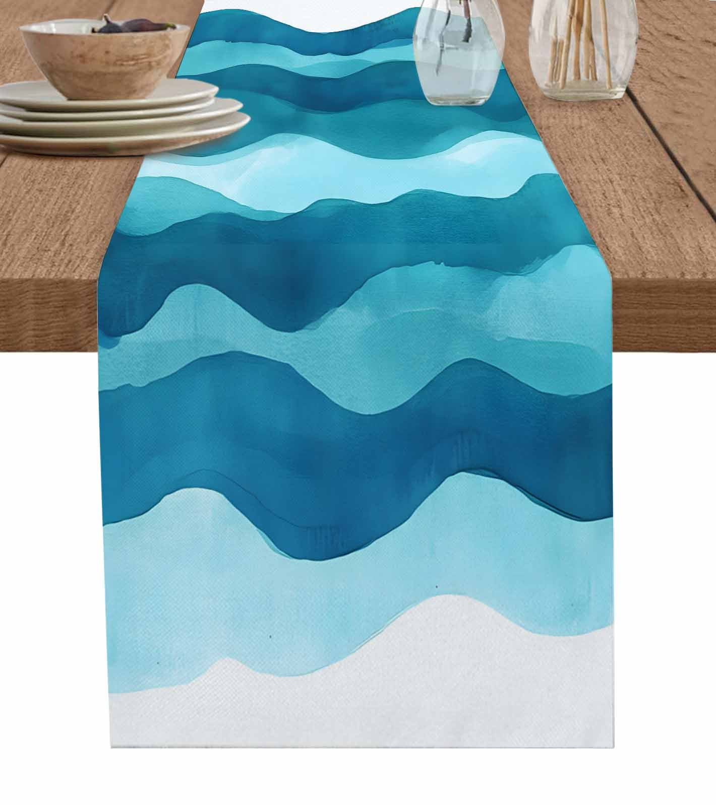 Ldtrchee Turquoise Blue Table Runner 108 Inches, Abstract Beach Wave ...