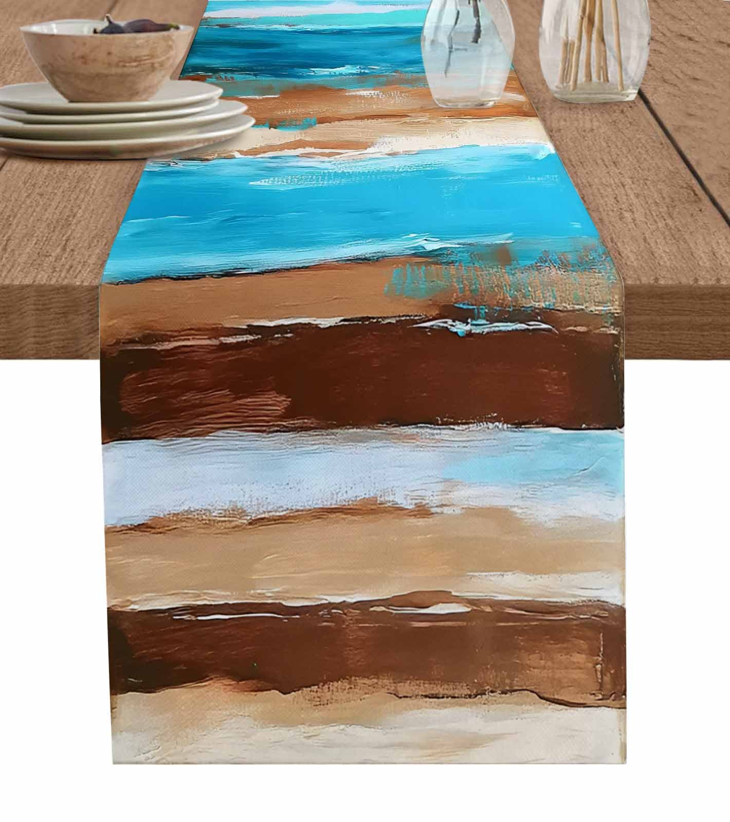 Ldtrchee Turquoise Brown Table Runner 72 Inches, Gradient Rustic Ocean ...