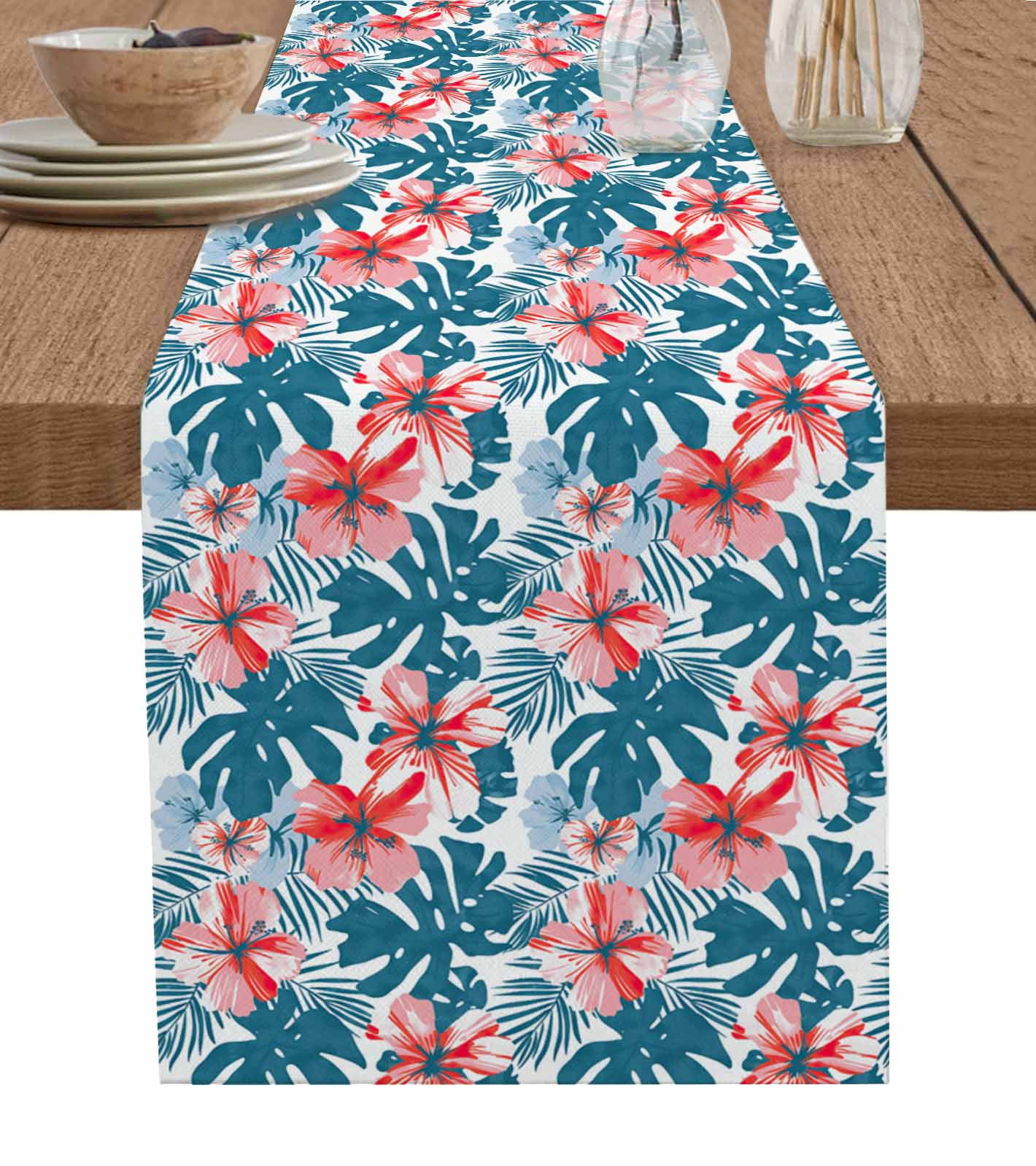 Ldtrchee Turquoise Red Botanical Table Runner 90 Inches, Tropical ...