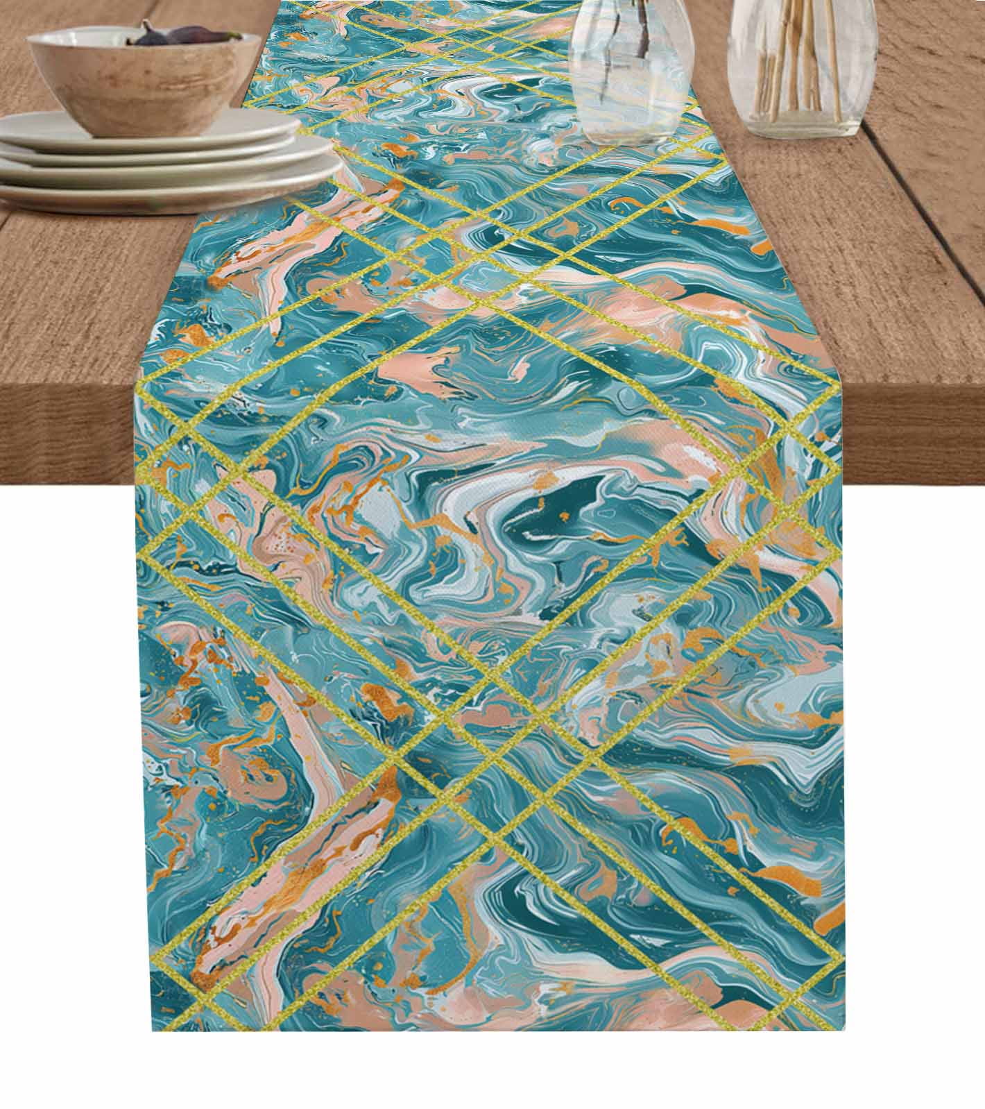 Ldtrchee Turquoise Table Runner 72 Inches, Modern Geometric Marble ...