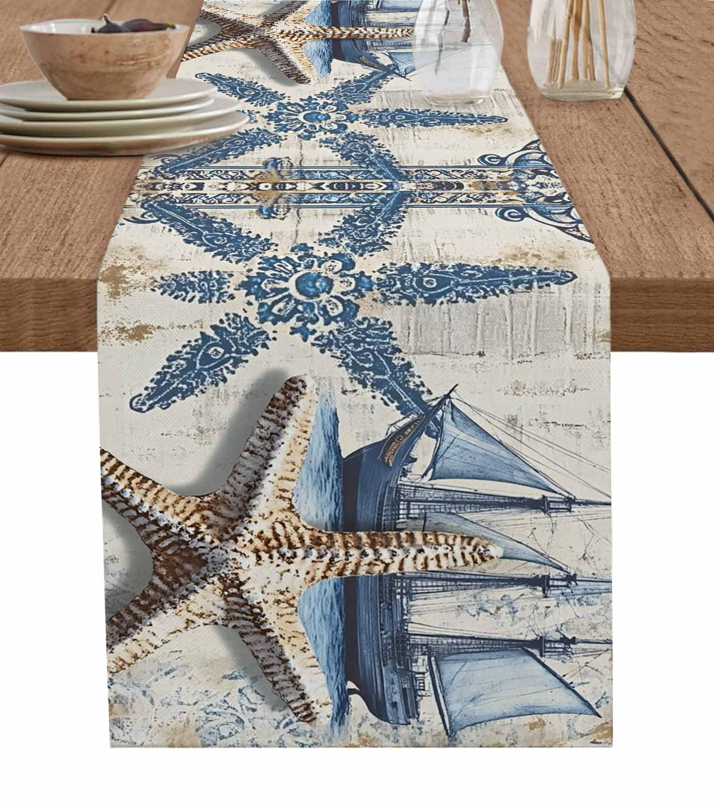 Ldtrchee Vintage Nautical Table Runner 72 Inches, Summer Coastal Floral ...