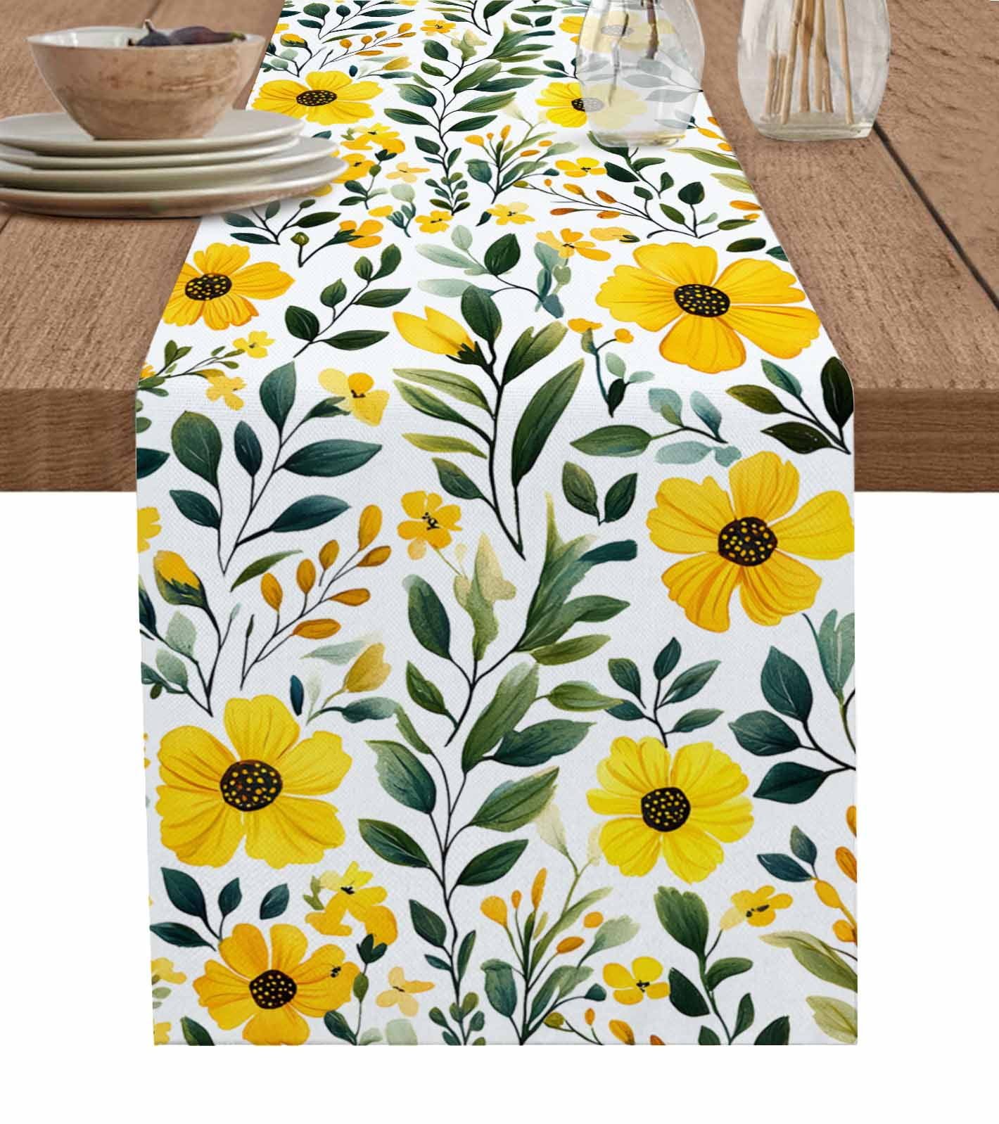 Ldtrchee Yellow Spring Floral Table Runner 36 Inches, Green Botanical ...