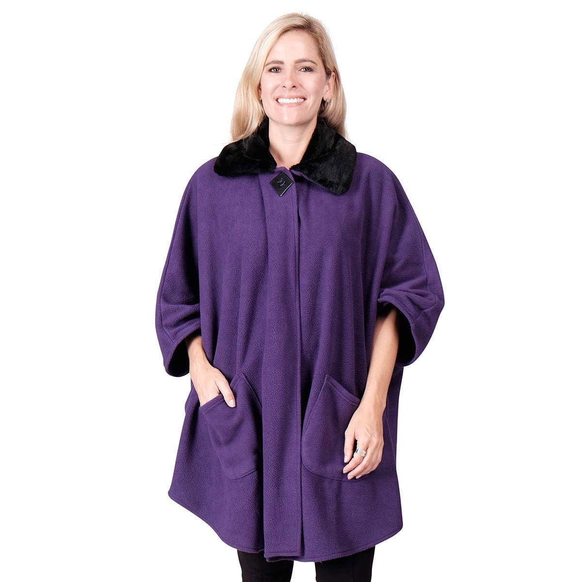 Le Moda Women’s Fur Trim Polar Fleece Shawl Cape with Pockets One Size ...
