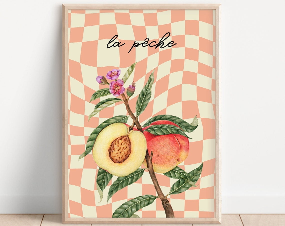Le Pêche Print - Checkerboard, Pastel Aesthetic, French, Trippy Hippie ...