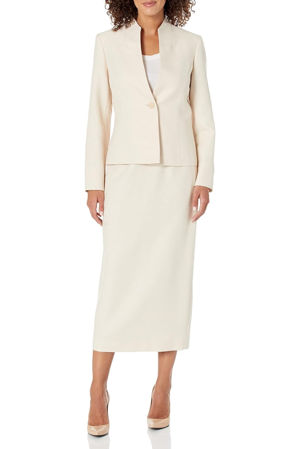 Le Suit Shimmer Tweed One Button No Pocket Jacket and Column Skirt Set ...