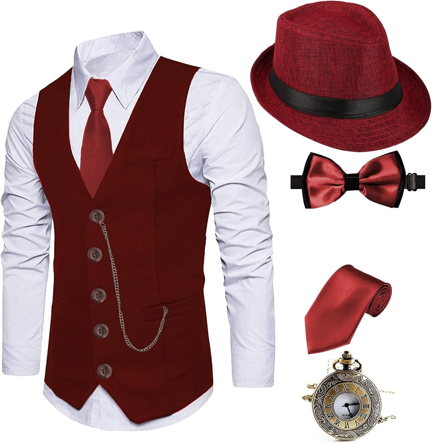Le Vechtoo 1920s Mens Costume Fedora Hat,Gatsby Gangster Vest,Vintage ...