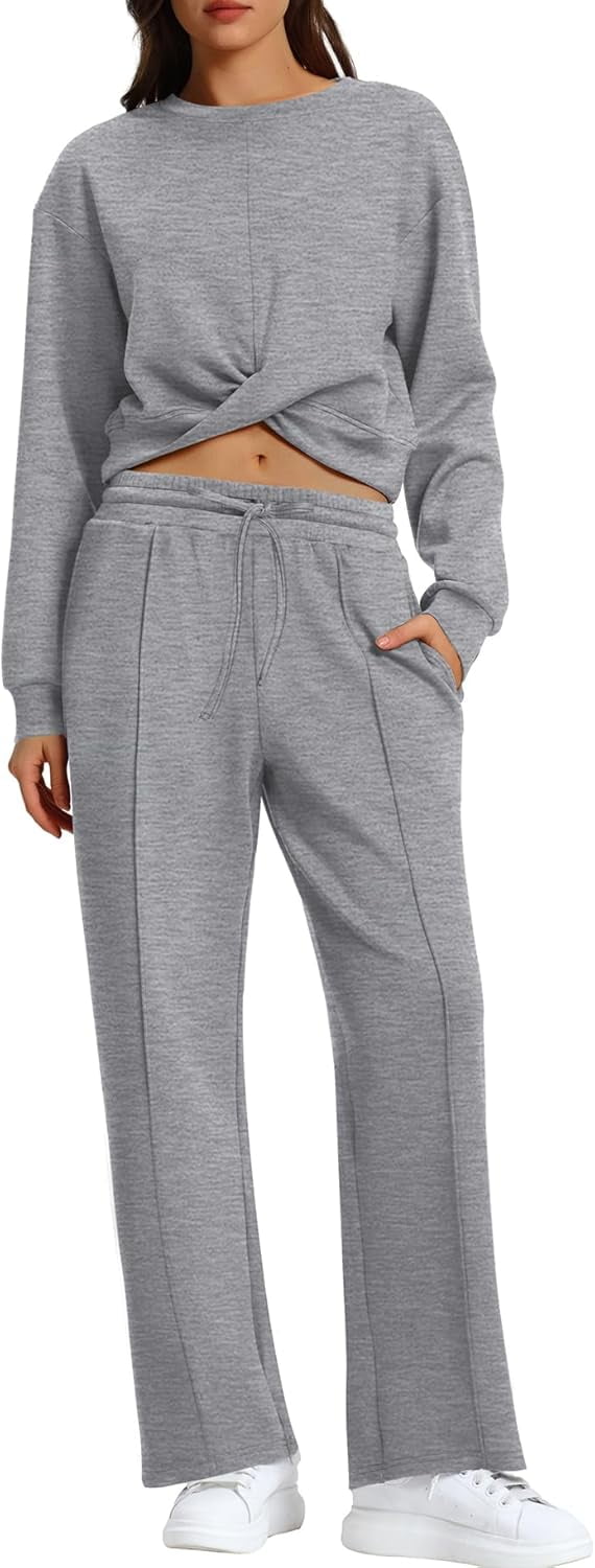 Le Vechtoo Women 2 Piece Lounge Sets Twist Front Cropped Sweatshirt ...