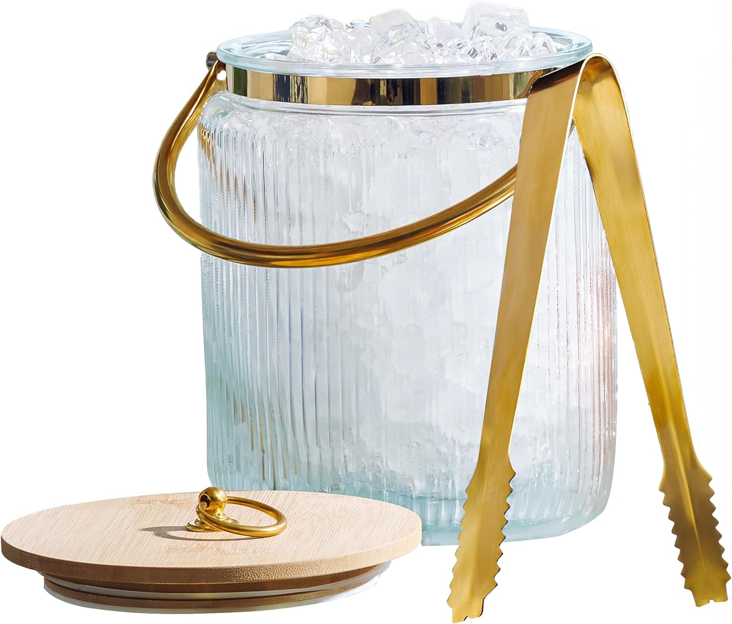 Le'raze Glass Ice Bucket with Airtight Lid, Tong Scooper and Handle ...