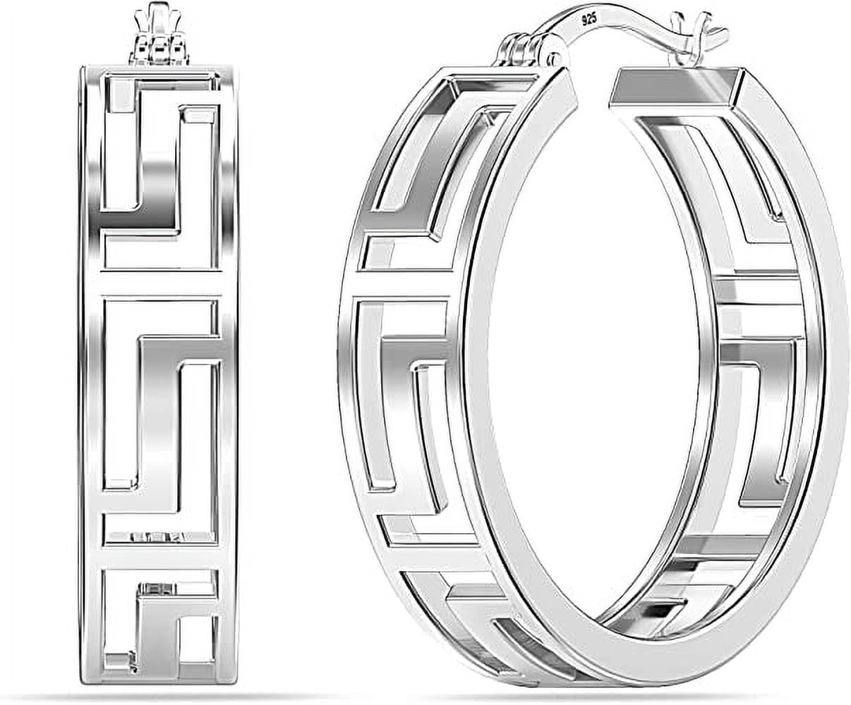 LeCalla 925 Sterling Silver Greek Wall Cut-Out Pattern Light-Weight Click Top Filigree Hoop ...