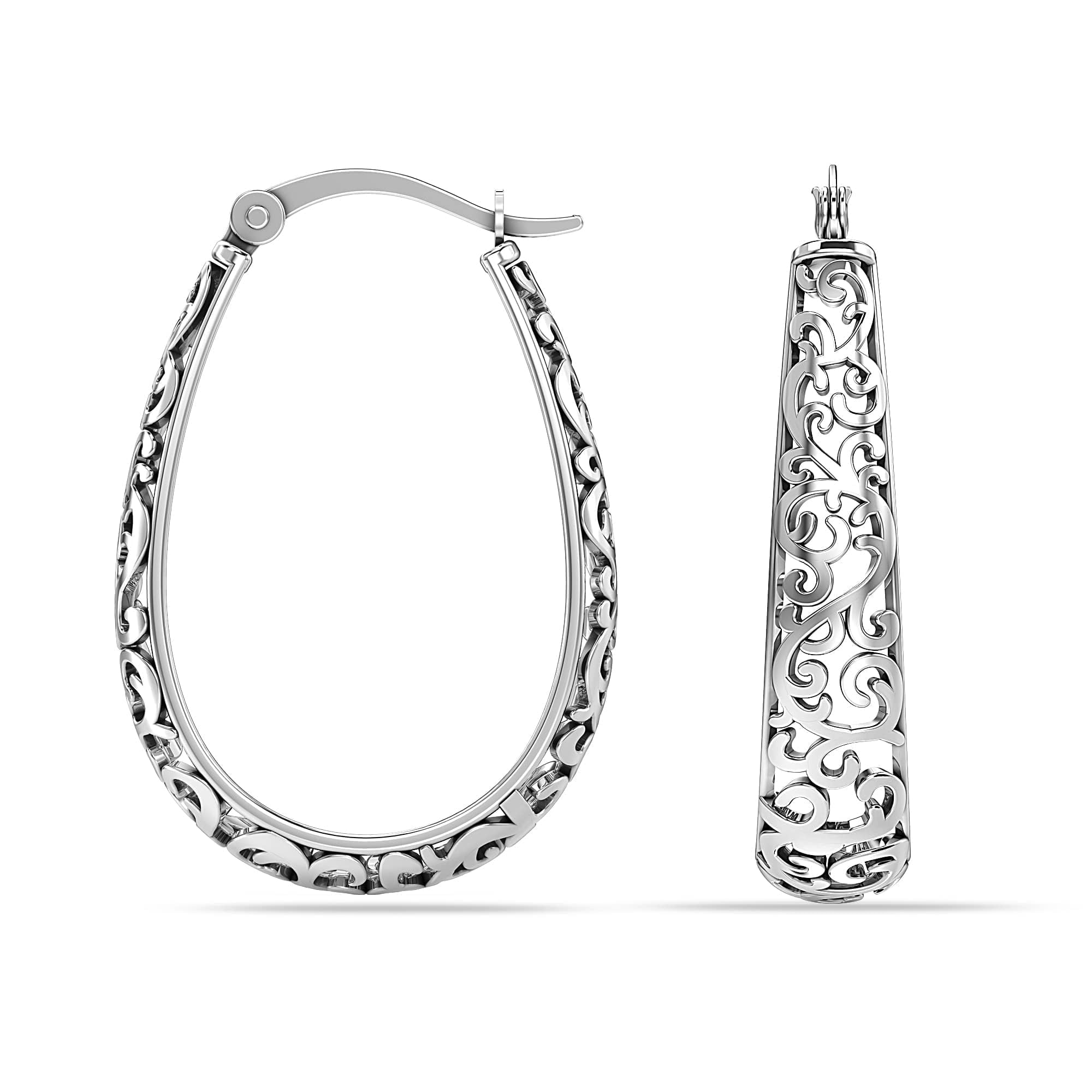 LeCalla 925 Sterling Silver Hypoallergenic Click Top Oval Filigree Hoop Earrings Jewelry for ...