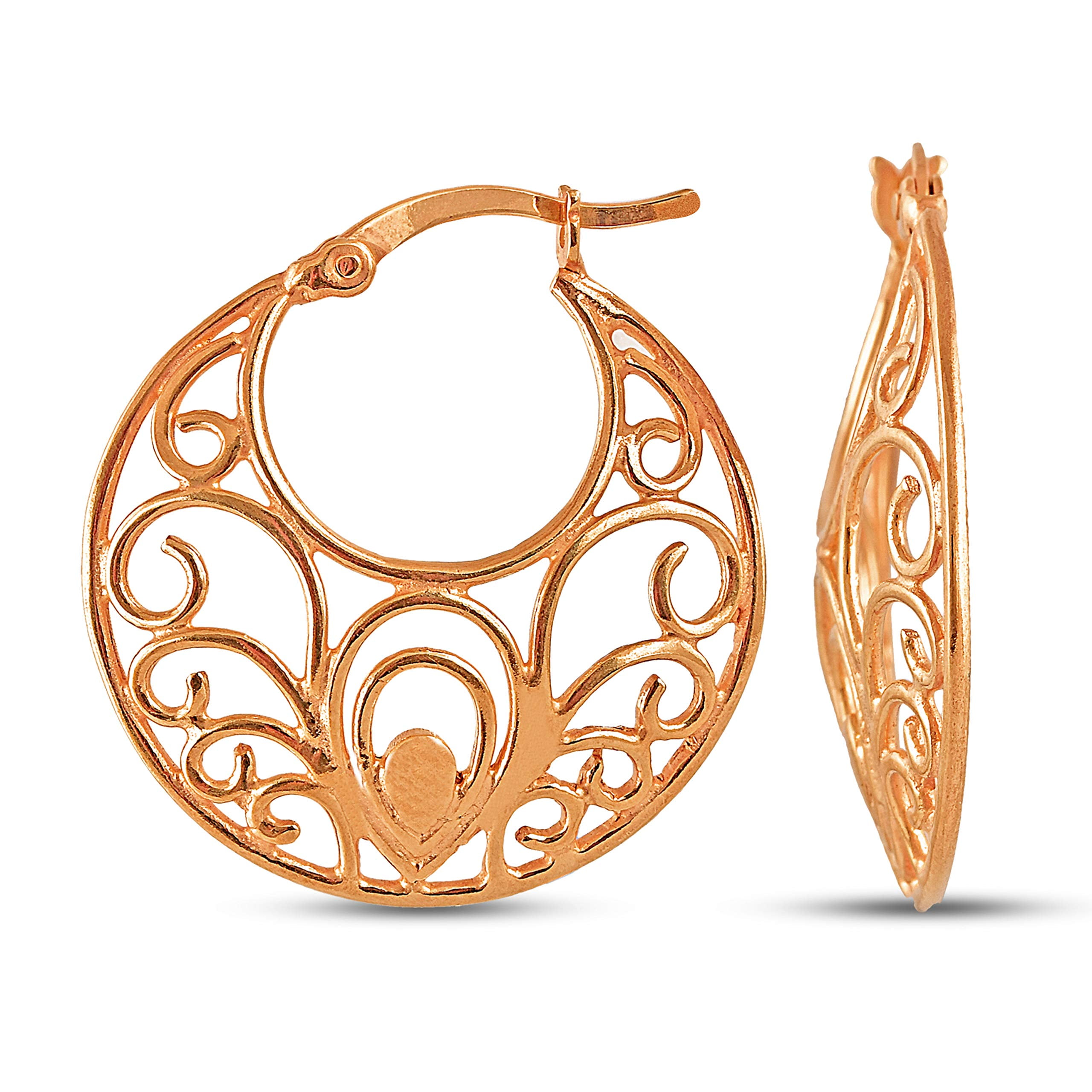 LeCalla 925 Sterling Silver Hypoallergenic Rose-Gold Plated Click Top Filigree Hoop Earrings for ...