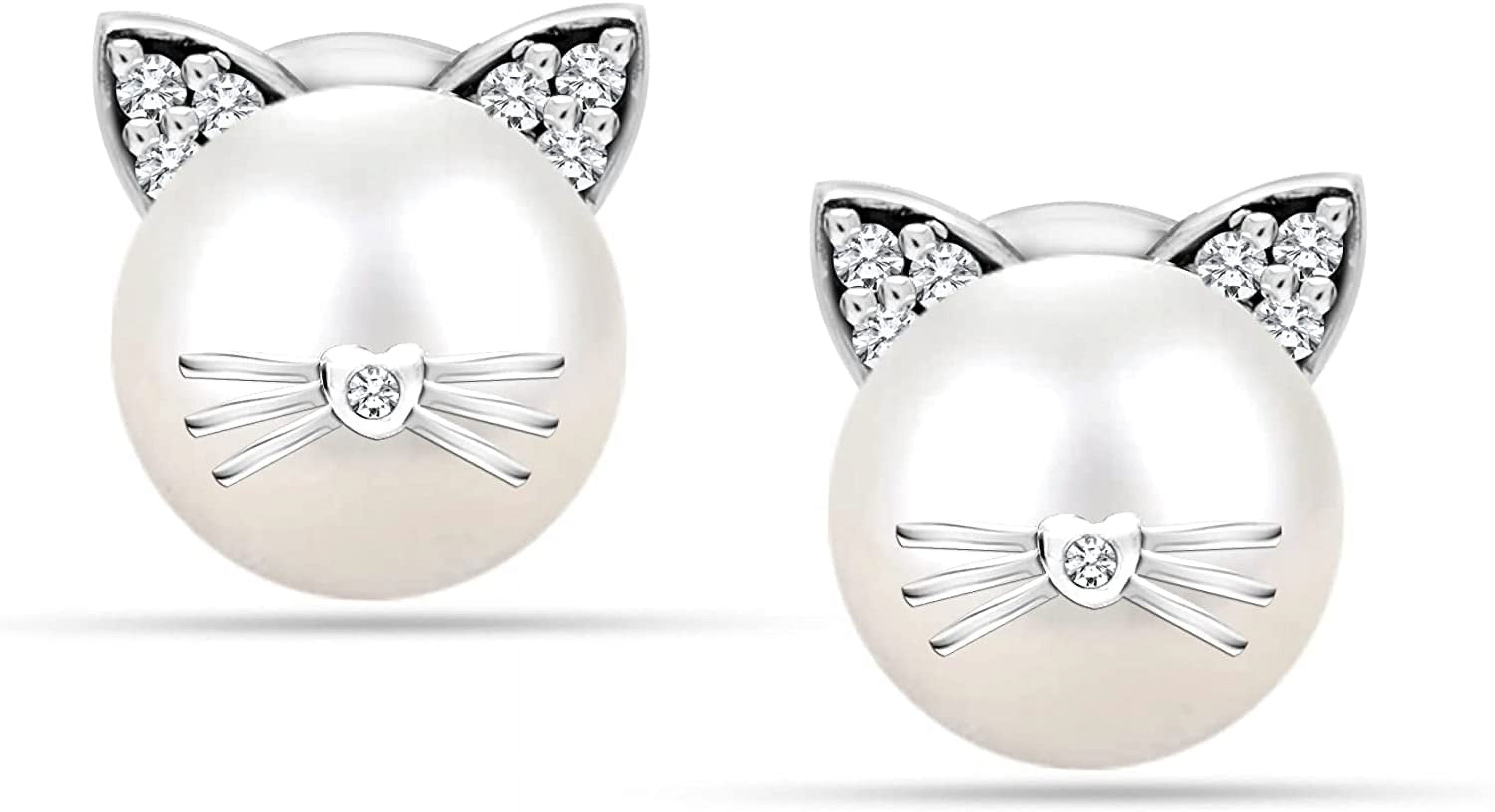 LeCalla 925 Sterling Silver Jewelry Light-Weight Simulated Pearl Cat Stud Earrings for Women 9MM ...