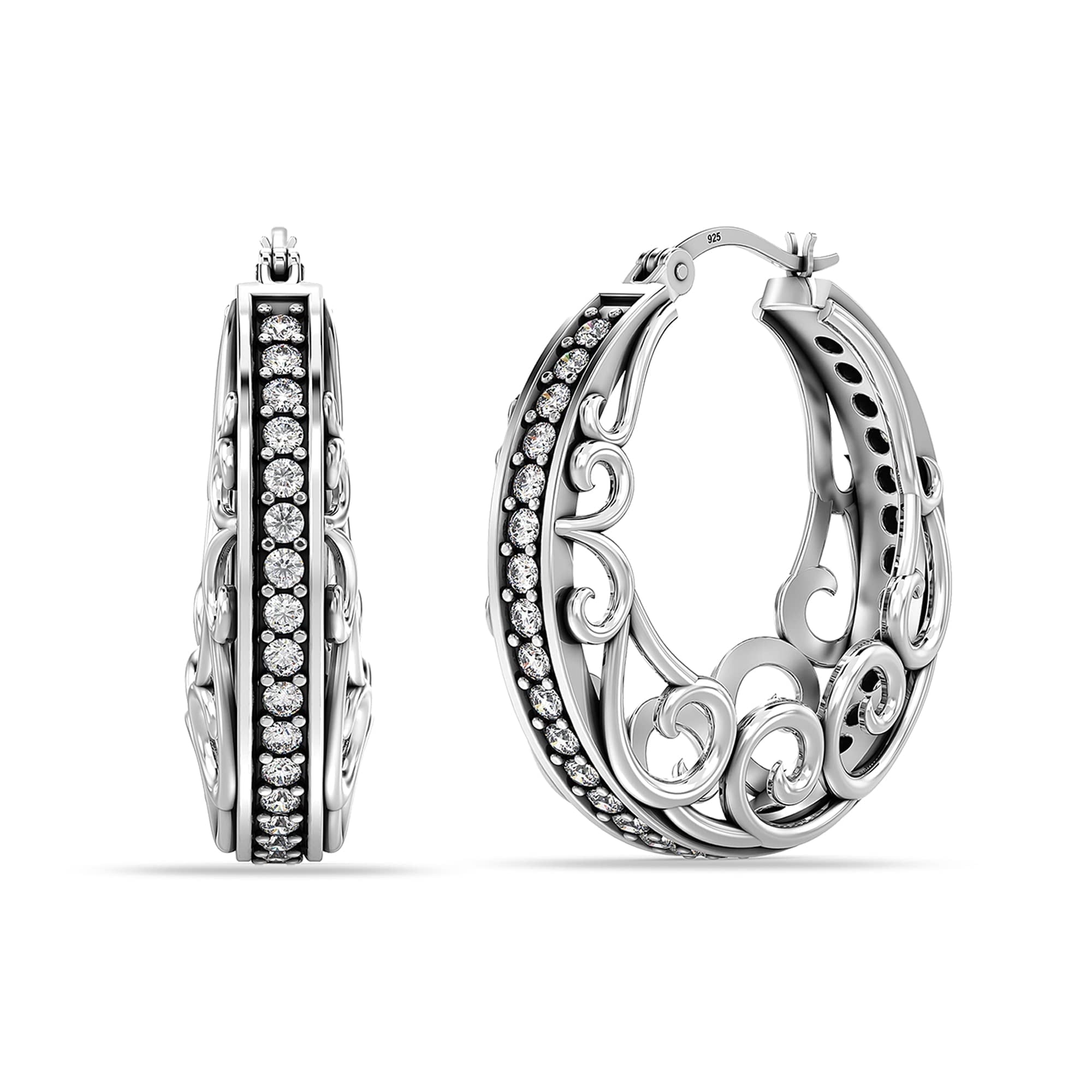 LeCalla 925 Sterling Silver Light Weight Hypoallergenic Antique Click Top Filigree Hoop Earrings ...