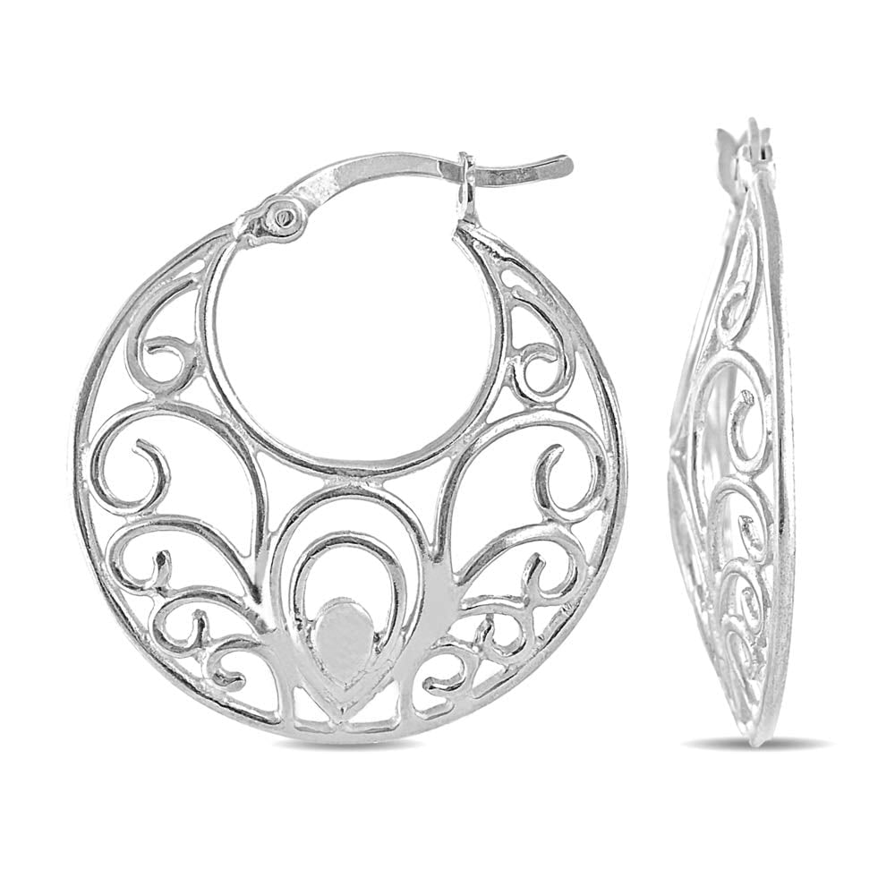 LeCalla 925 Sterling Silver Light-Weight Round Filigree-Cut Click Top Hoop Earrings Jewelry for ...