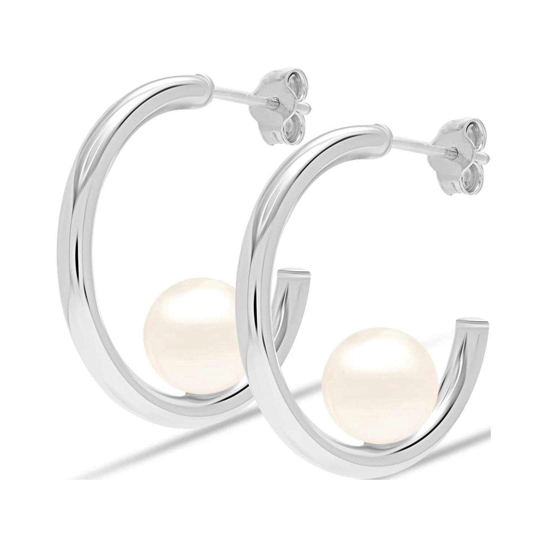 LeCalla 925 Sterling Silver Simulated Pearl C Hoop Earrings for Women ...