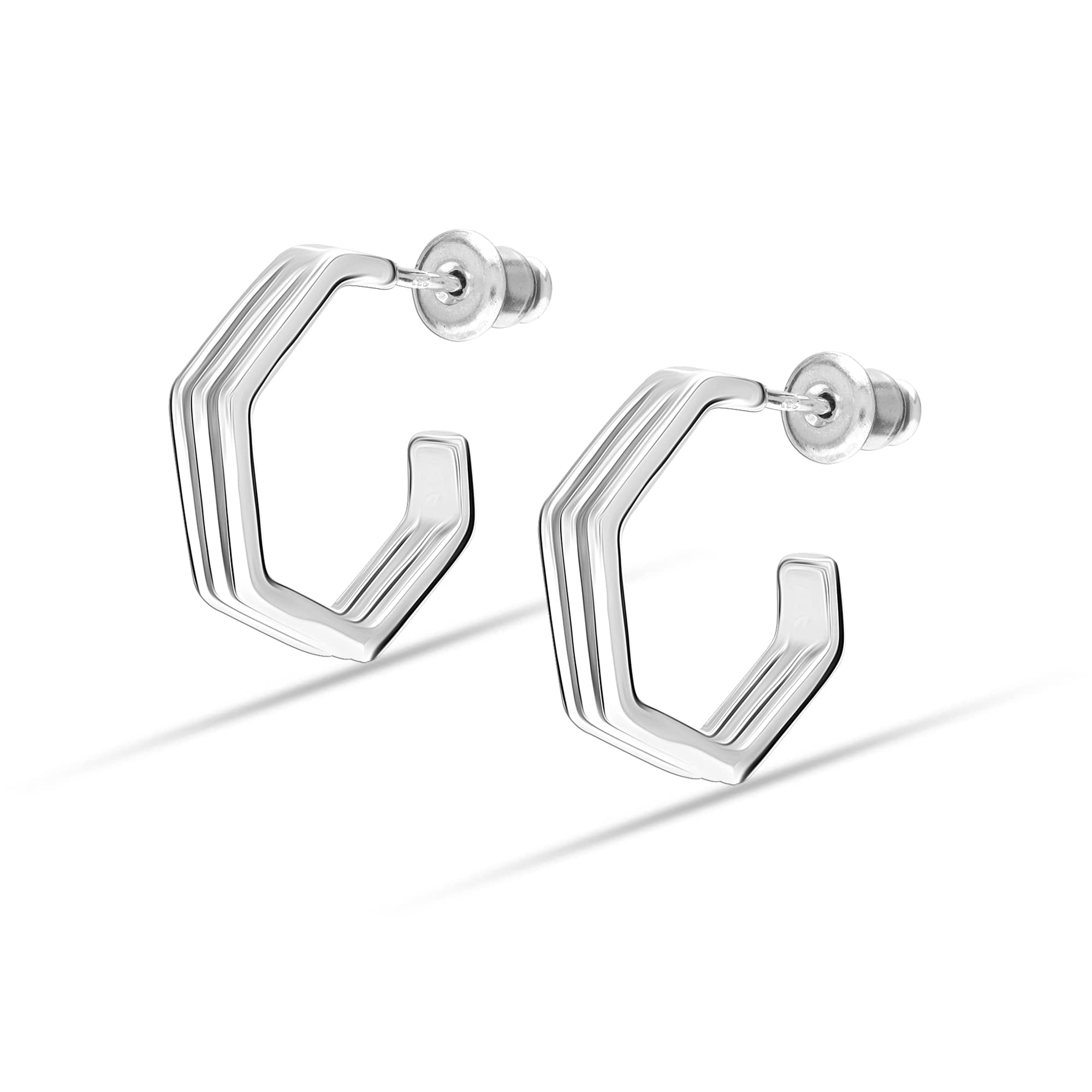 LeCalla 925 Sterling Silver Triple Geometric Post Split Huggie Half C ...
