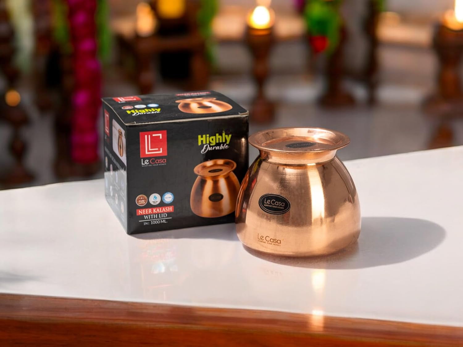 LeCasa Neer Copper Kalash with Copper Lid Capacity 1000ML 100 Pure Copper with ISO Certification ...