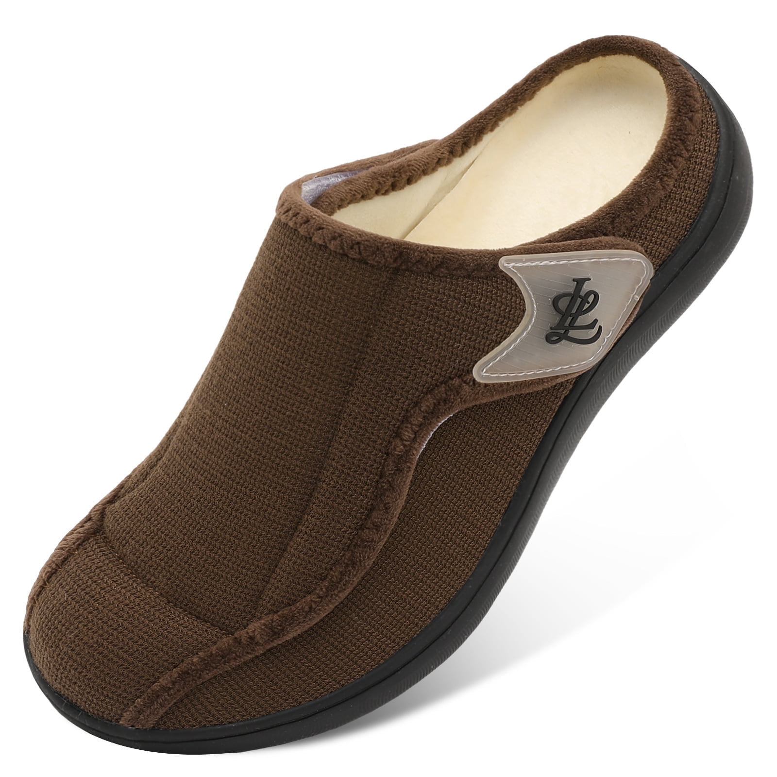 LeIsfIt Mens Slippers Wide Diabetic House Slippers Adjustable Slip On Warm Bedroom Shoes for ...