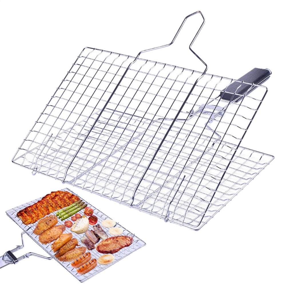 LeKing BBQ Grill Basket Fish Grill Baskets Rack with Wooden Handle ...