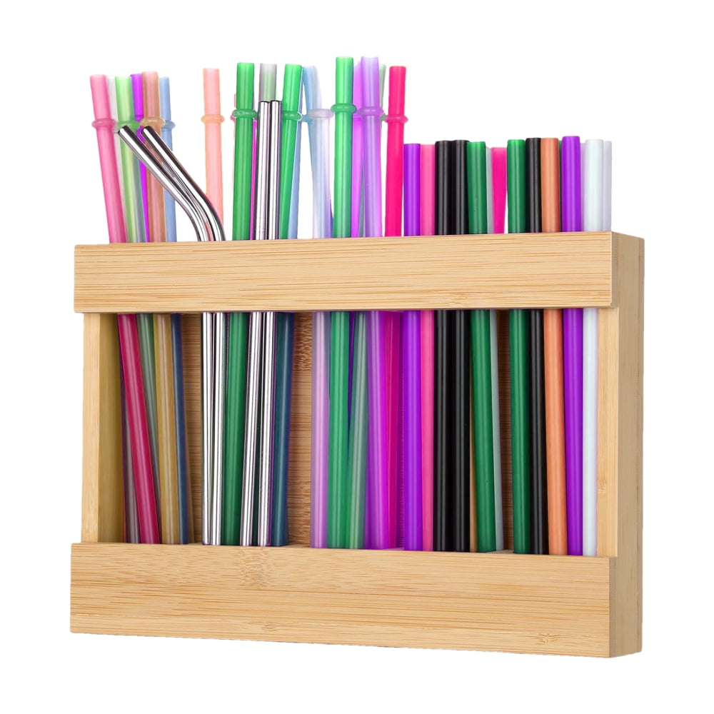 LeKing Straw Dispenser Wooden Utensil Container Adhesive-Mounted Space ...