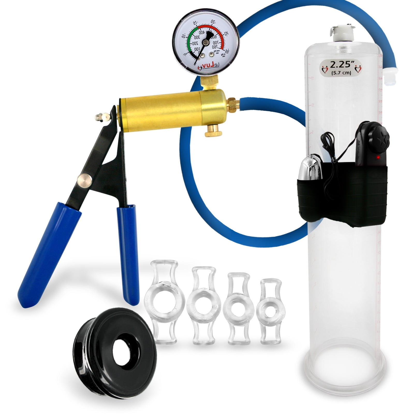 Leluv Ultima Vibrating Penis Pump Gauge Blue Silicone Hose Rubber Grips Sleeve