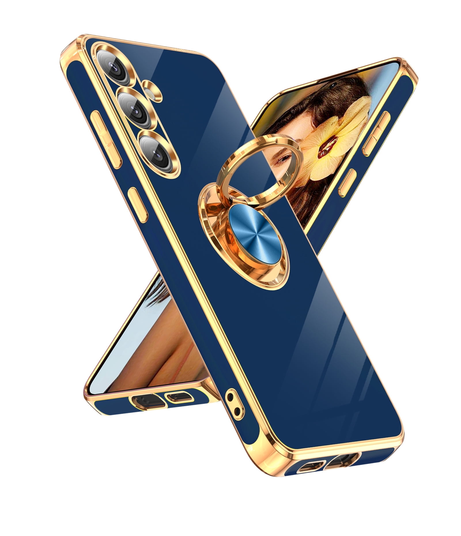 LeYi Case For Samsung Galaxy S25: 360° Rotatable Magnetic Stand, Rose Gold Plated Edge，Blue ...