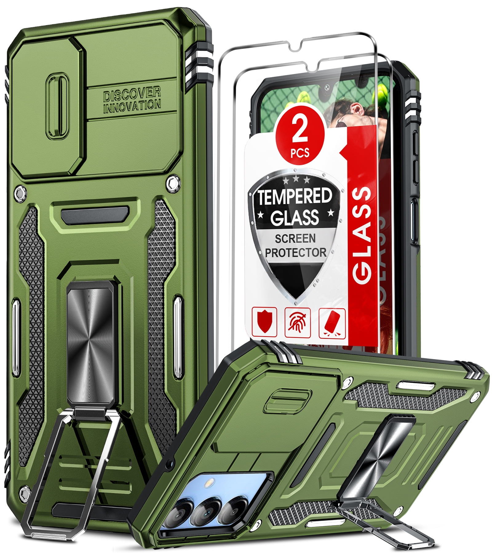 LeYi Slidable Camera Cell phone Case with Tempered glass for Samsung Galaxy A15 5G, silver ...