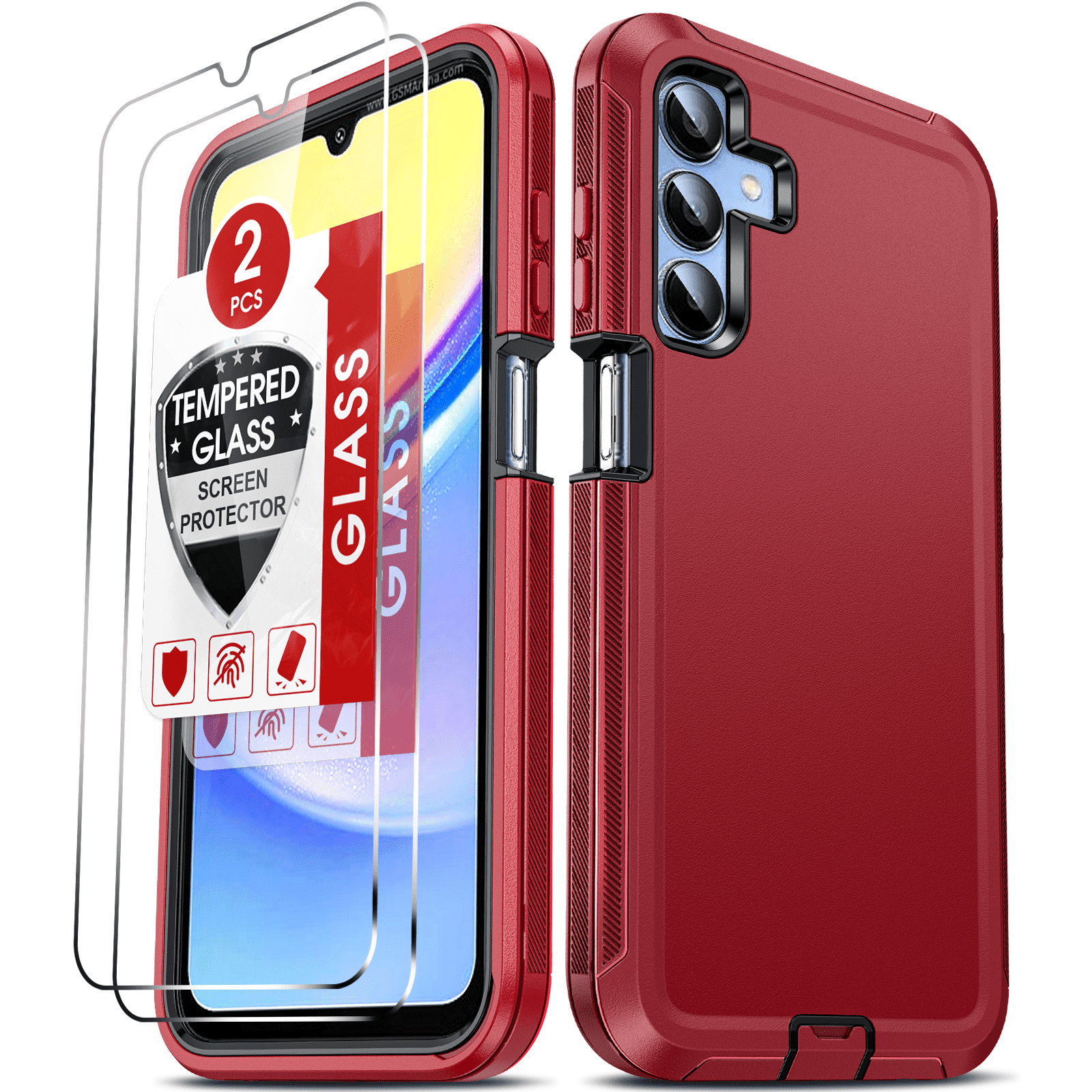 LeYi For Samsung Galaxy A15 5G Phone Case with Screen Protector 2-Pack 3-in-1 Rugged Case, Red ...