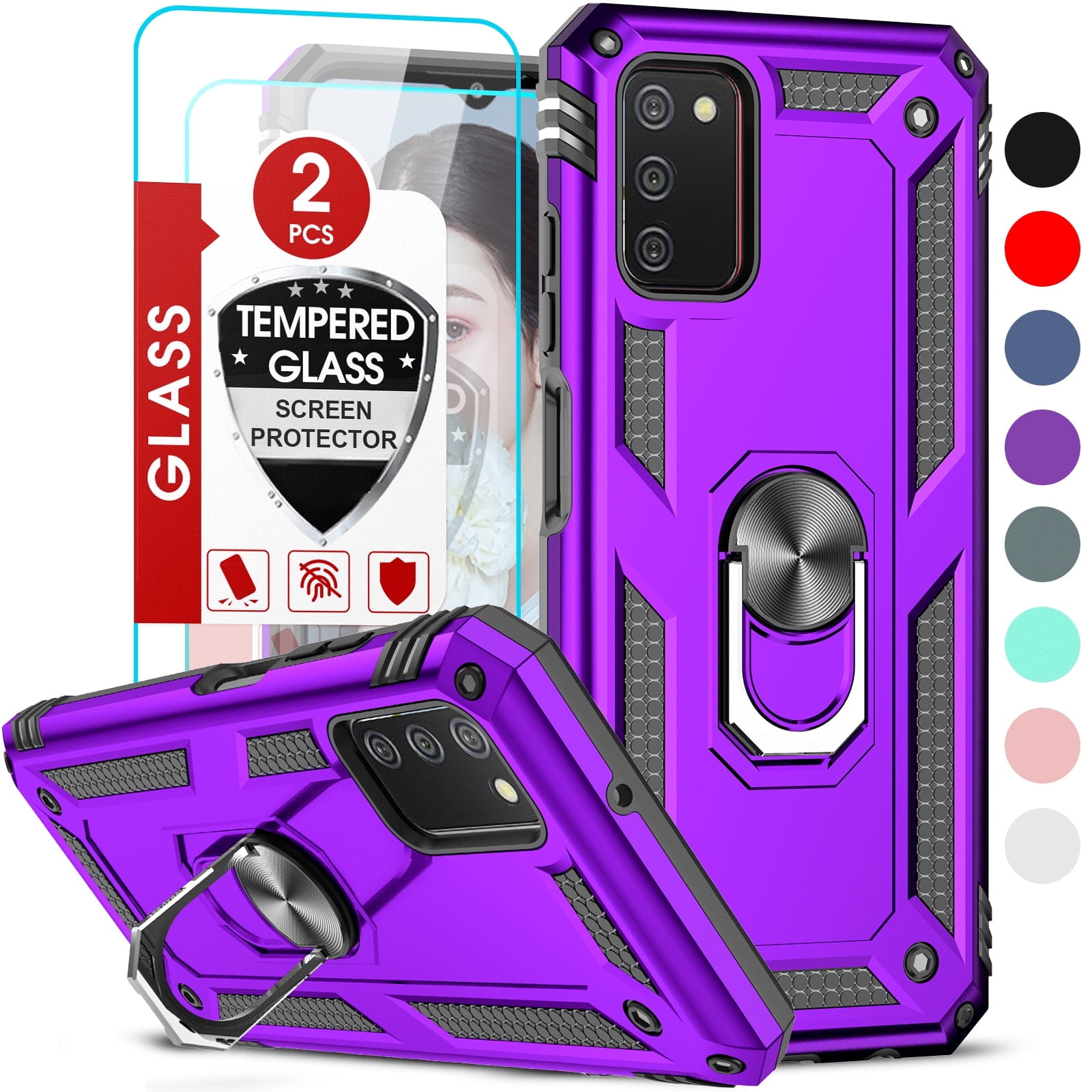 LeYi for Samsung Galaxy AO3s Case with Screen Protector 2 Pack, Magnetic Ring Kickstand, Purple ...