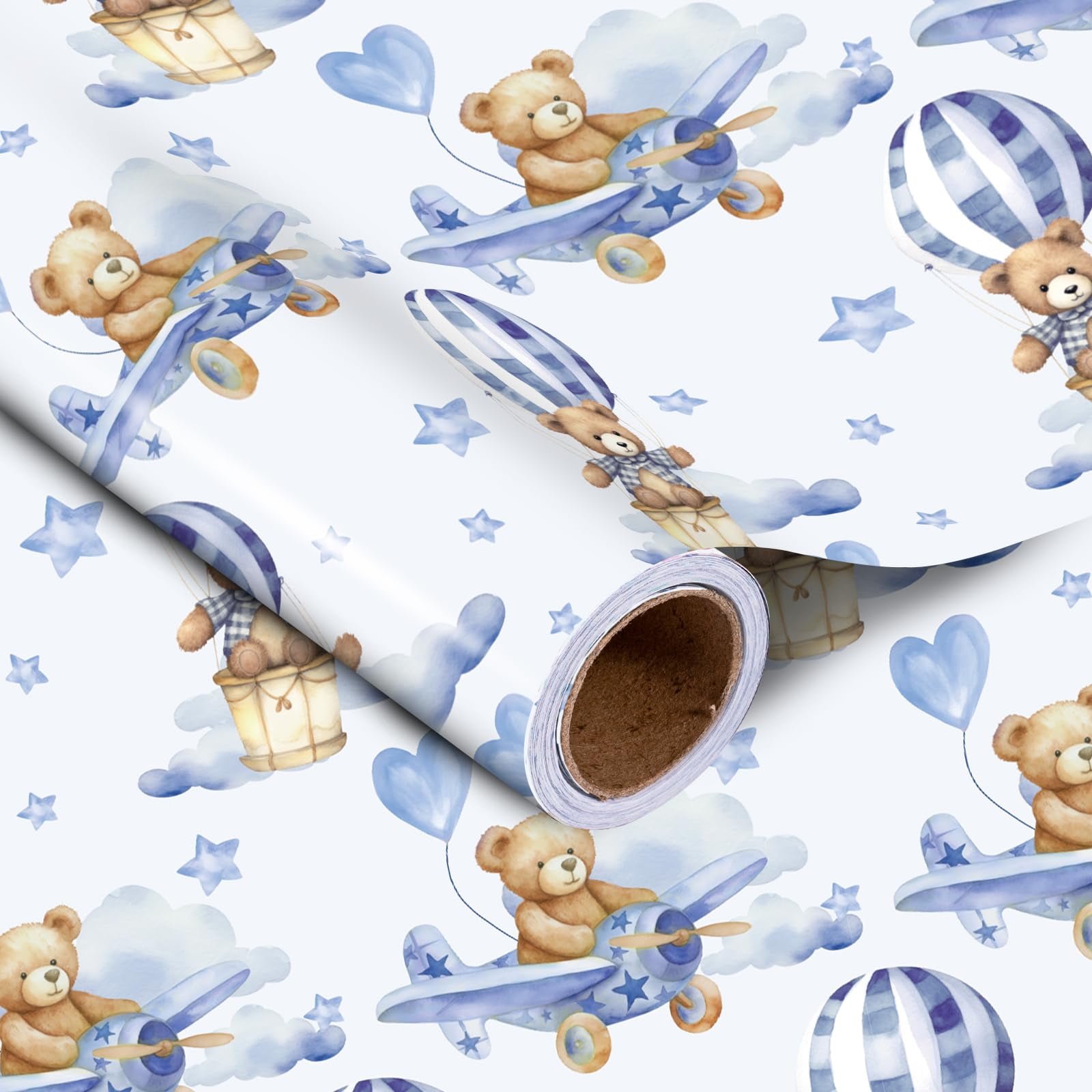 LeZakaa Baby Bear Wrapping Paper Roll, Blue Teddy Bear in Hot Air ...