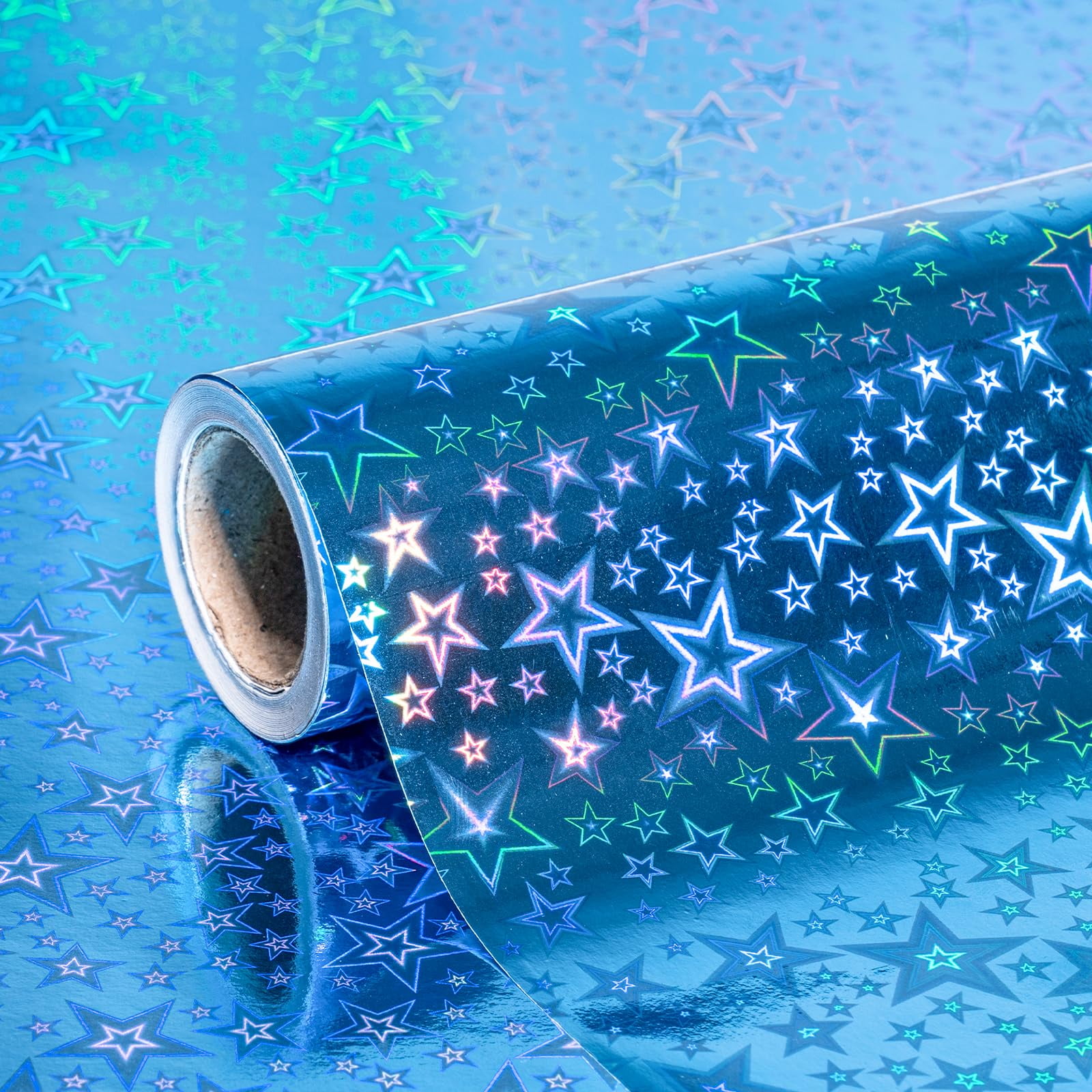 LeZakaa Blue Holographic Foil Wrapping Paper - Mini Roll - Star Print ...